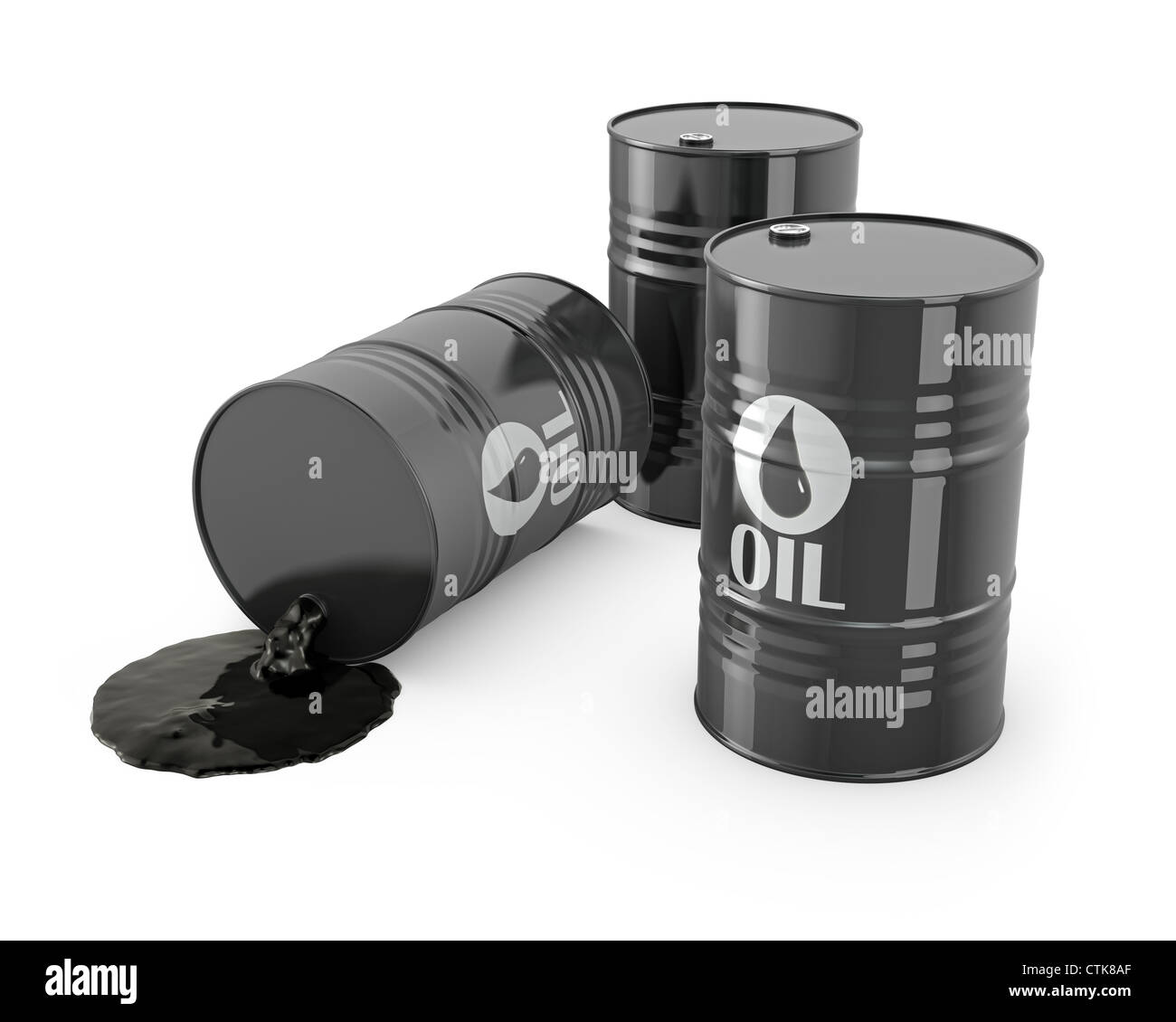 Three barrels and spilled oil, isolated on white background Stock Photo ...