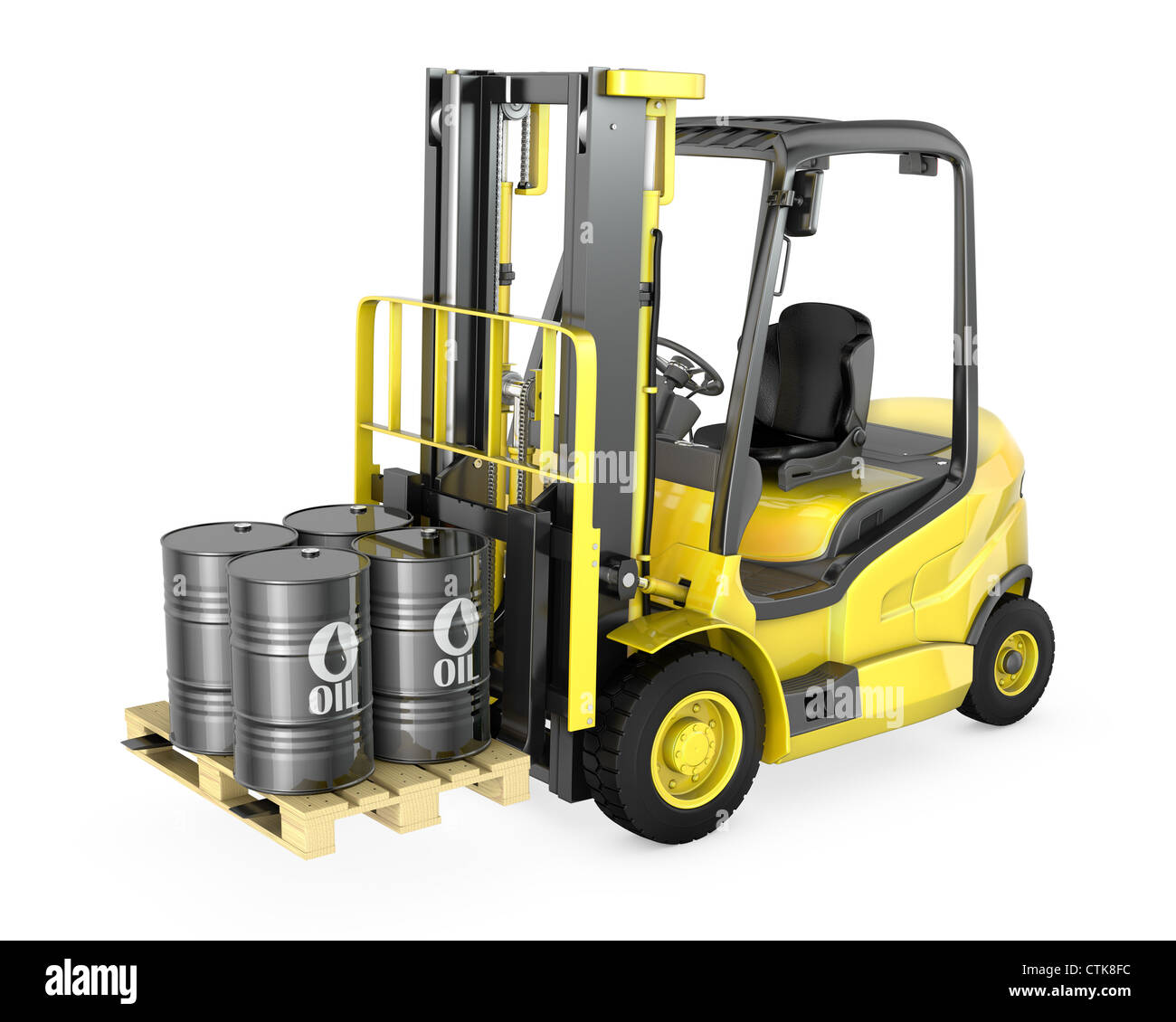 Yellow fork lift lifts four oil barrels, isolated on white background ...