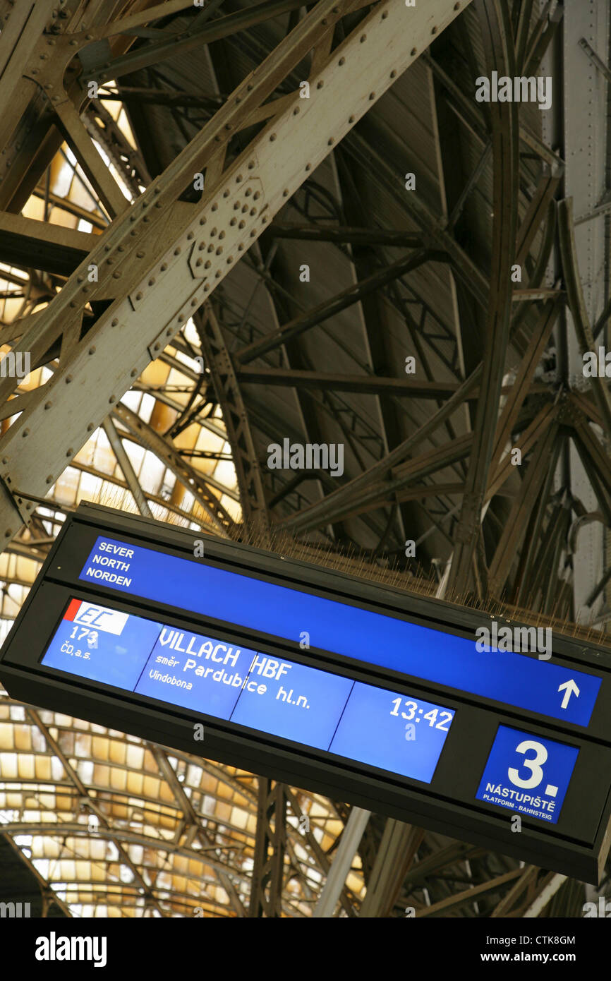 Train information sign in Prague Hlavni Nadraze main railway station ...