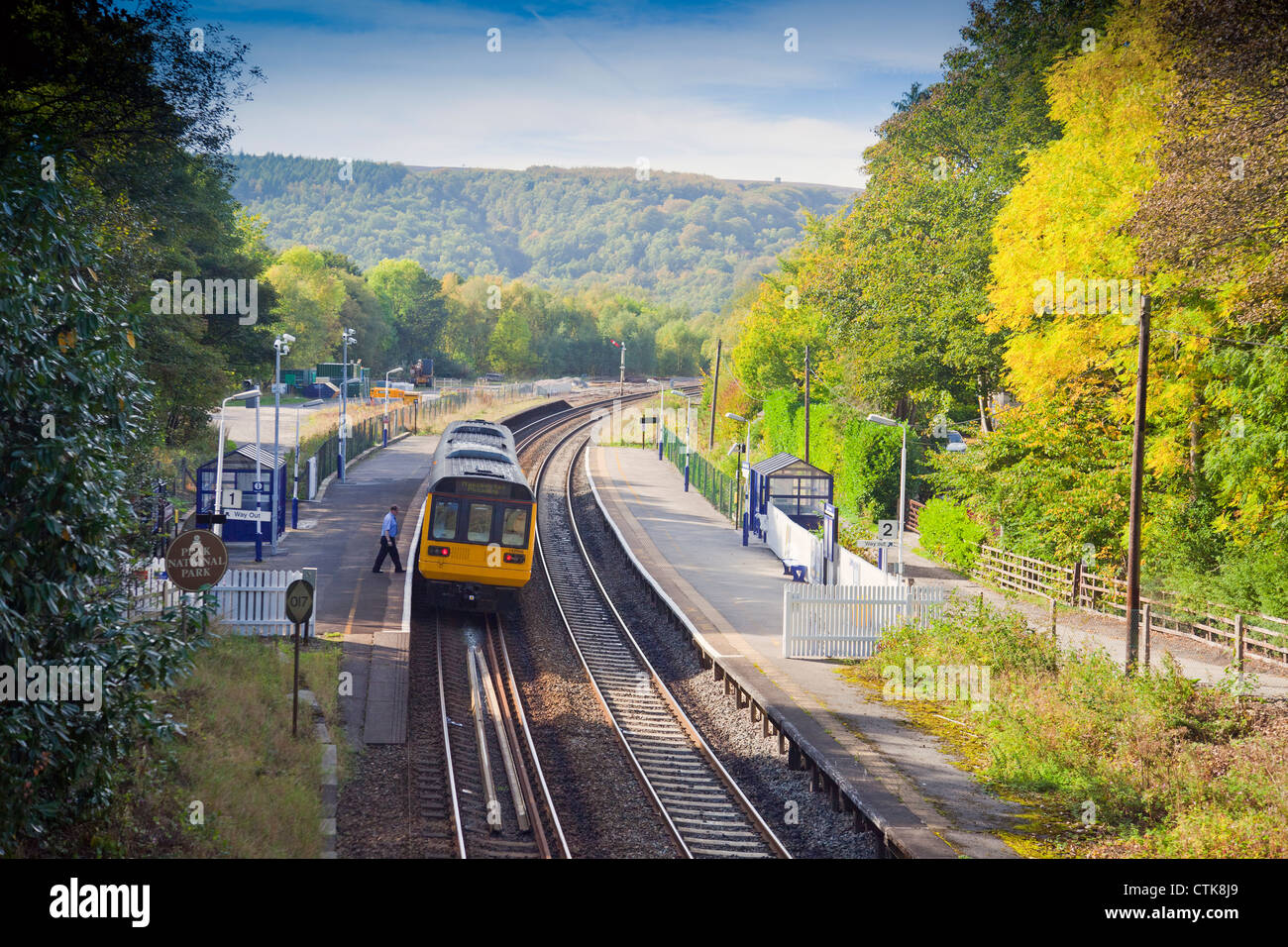 A Sheffield to Manchester local stopping train at Grindleford station ...
