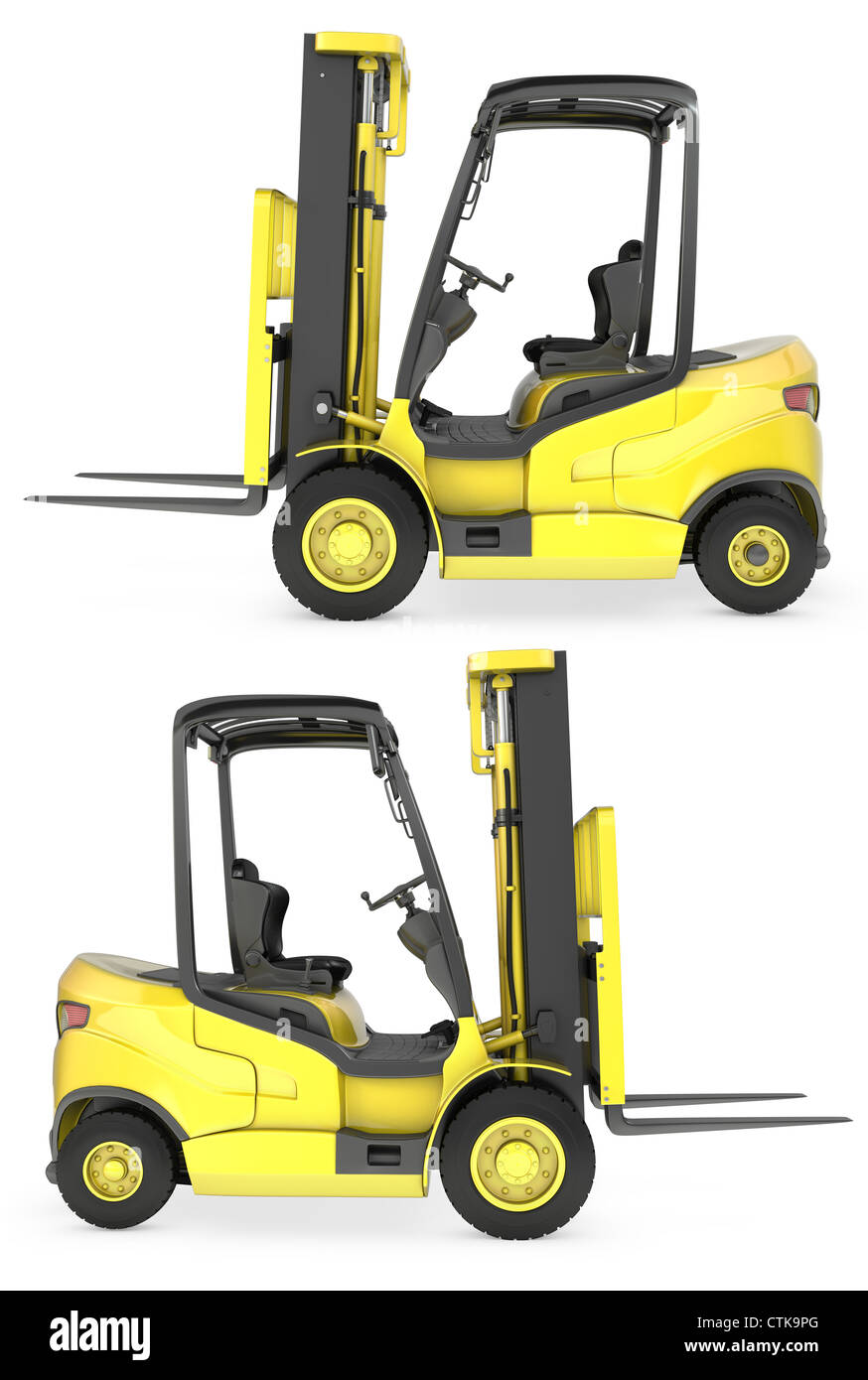 Yellow fork lift truck side view, isolated on white background Stock ...
