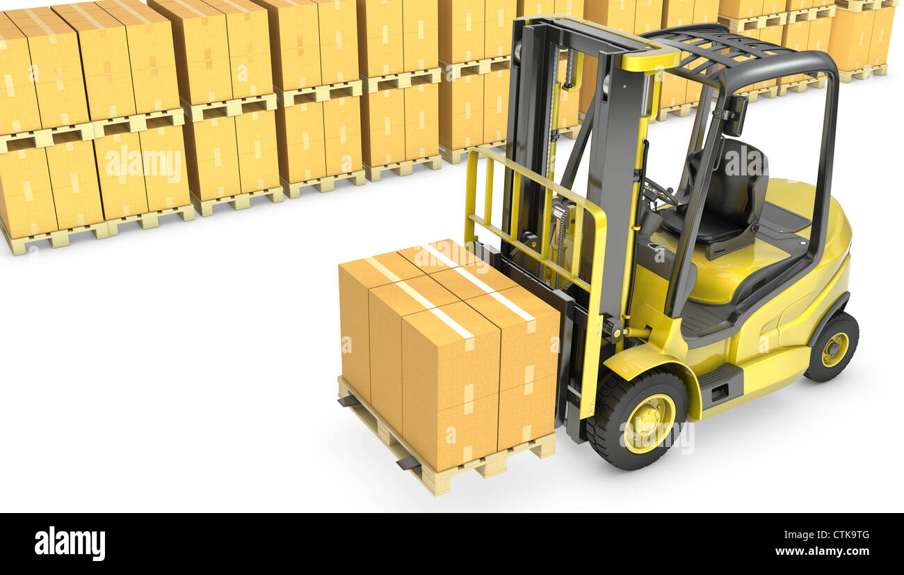 Yellow fork lift truck with stack of carton boxes, isolated on white ...