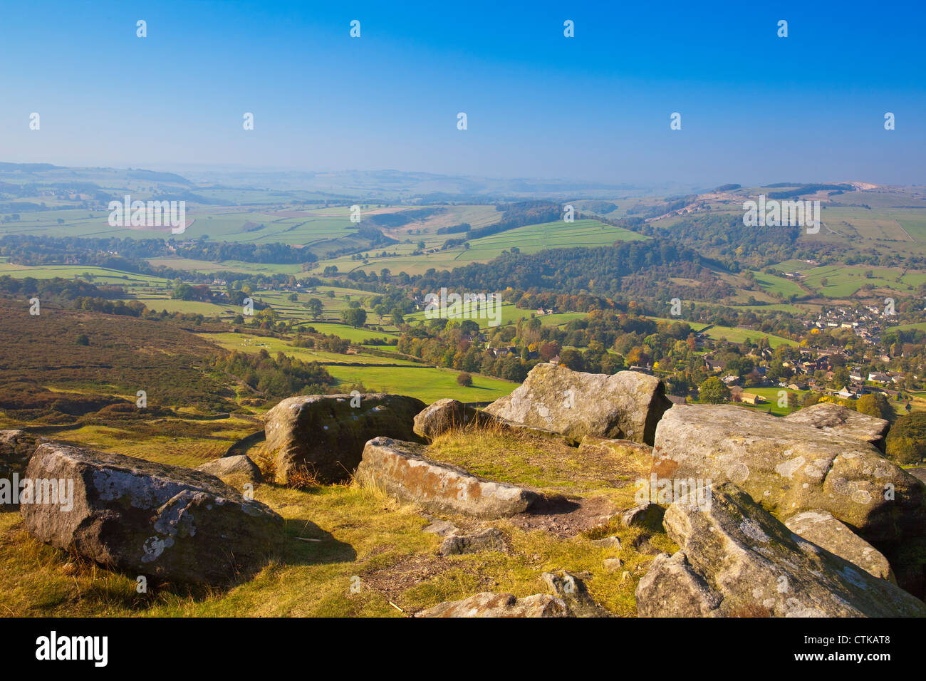 Looking west from Curbar Edge across Curbar village to Calver Peak in ...