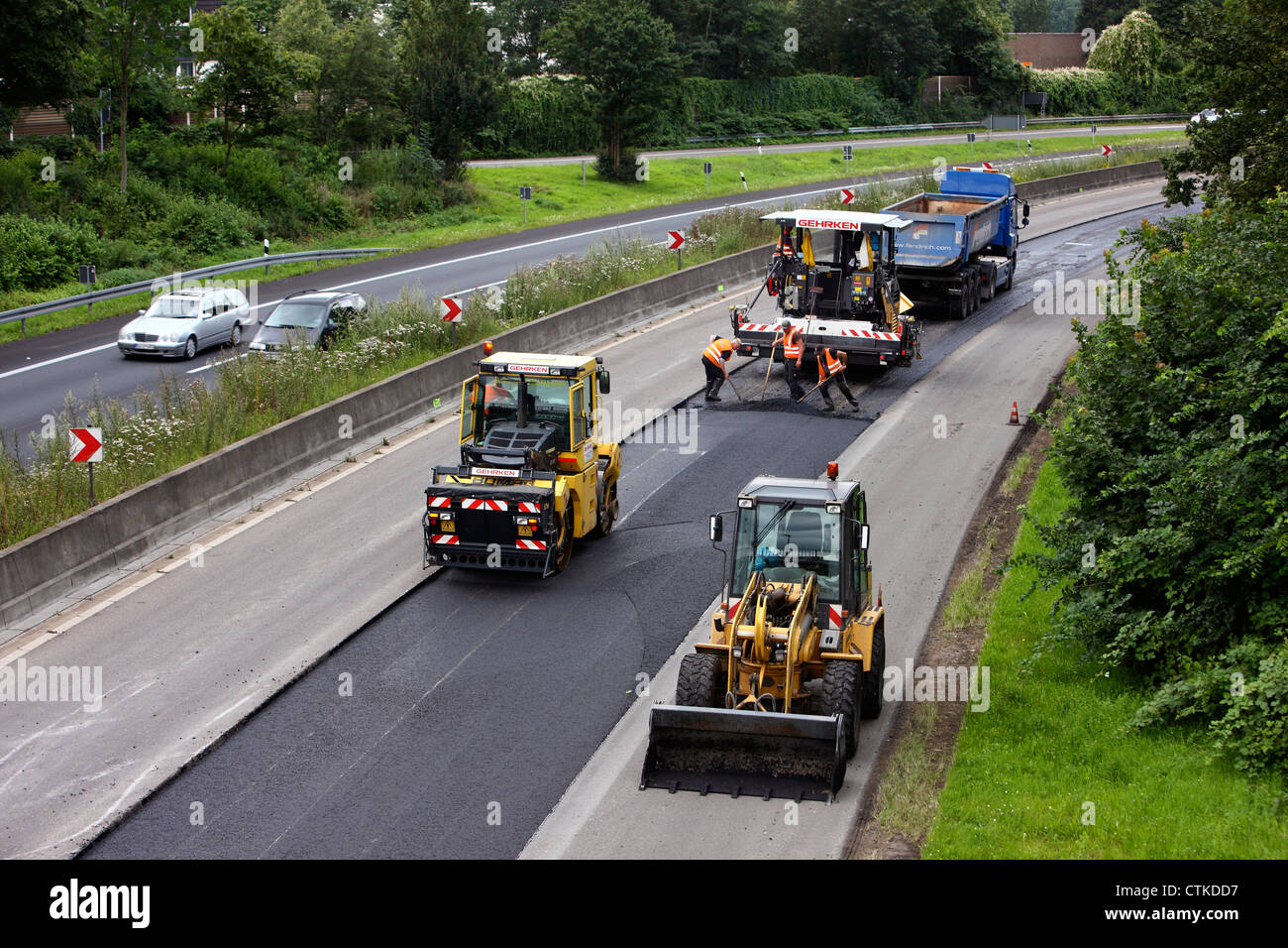 Autobahn, motorway A40, Installation of a new asphalt surface on the ...