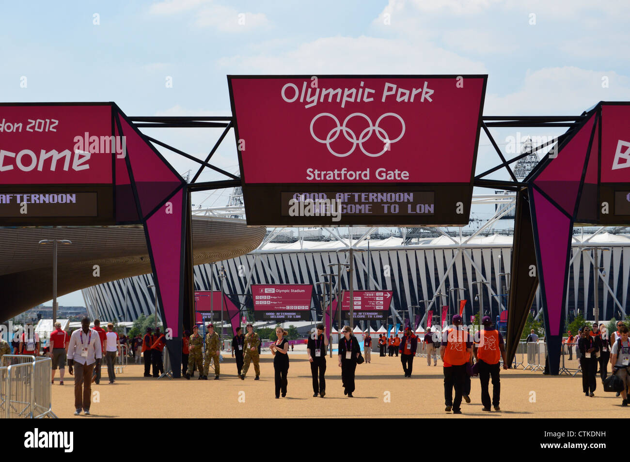 Entrance sign to the London 2012 Olympic Park with stadium in the ...