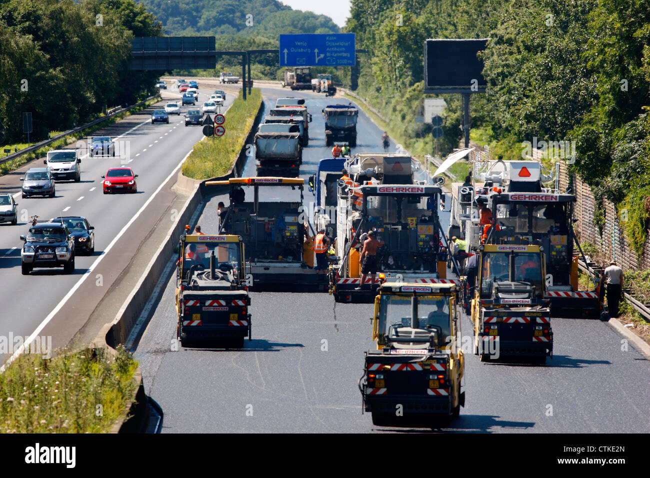 Autobahn, motorway A40, Installation of a new asphalt surface on the ...