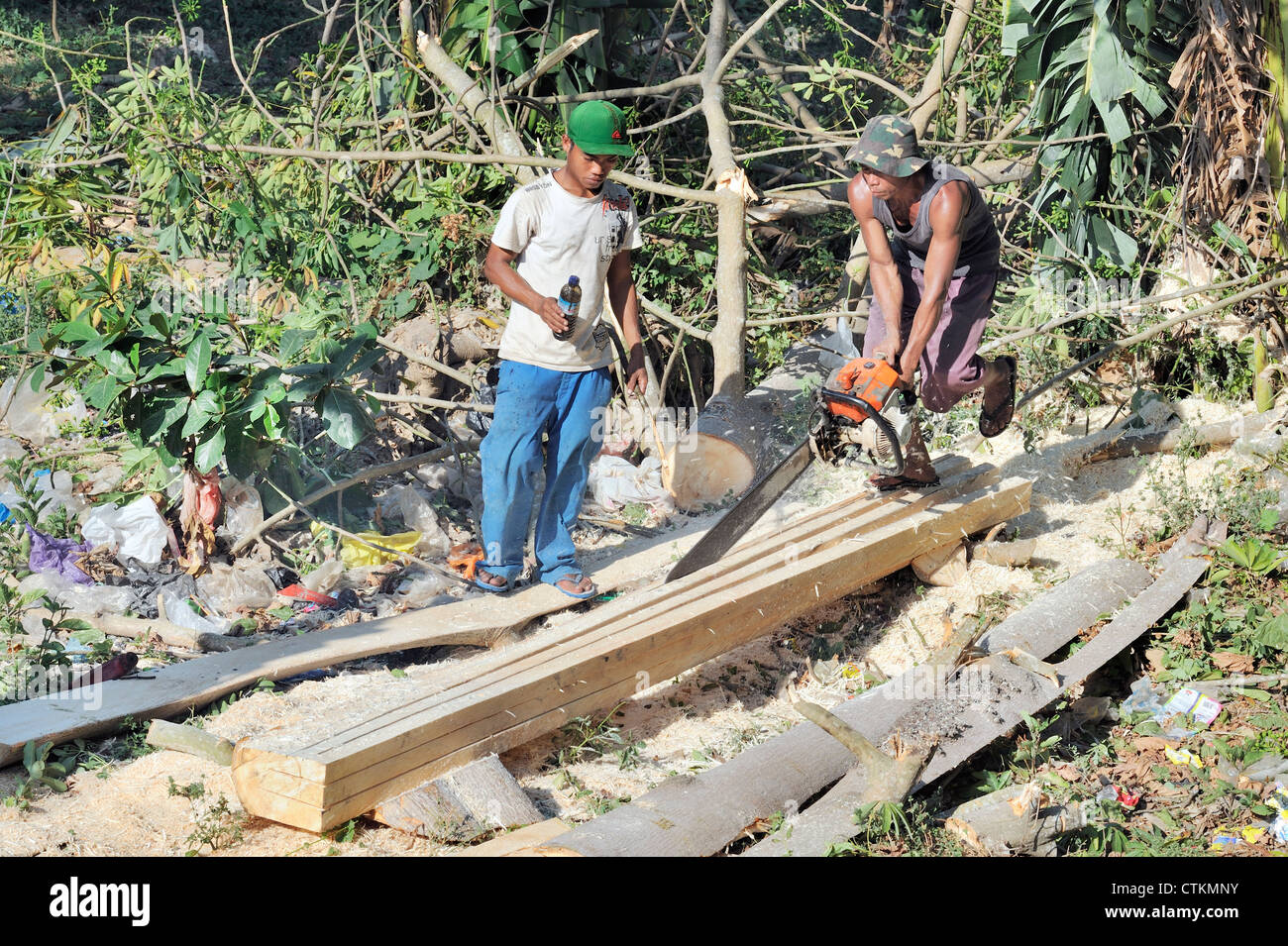 Asian men cutting timber for construction Stock Photo - Alamy