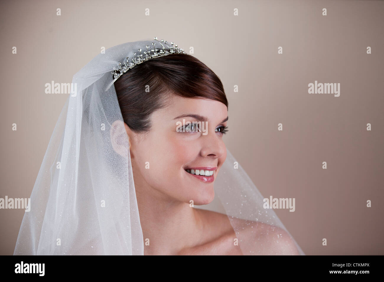 A young bride wearing a tiara and veil, looking to the side Stock Photo ...