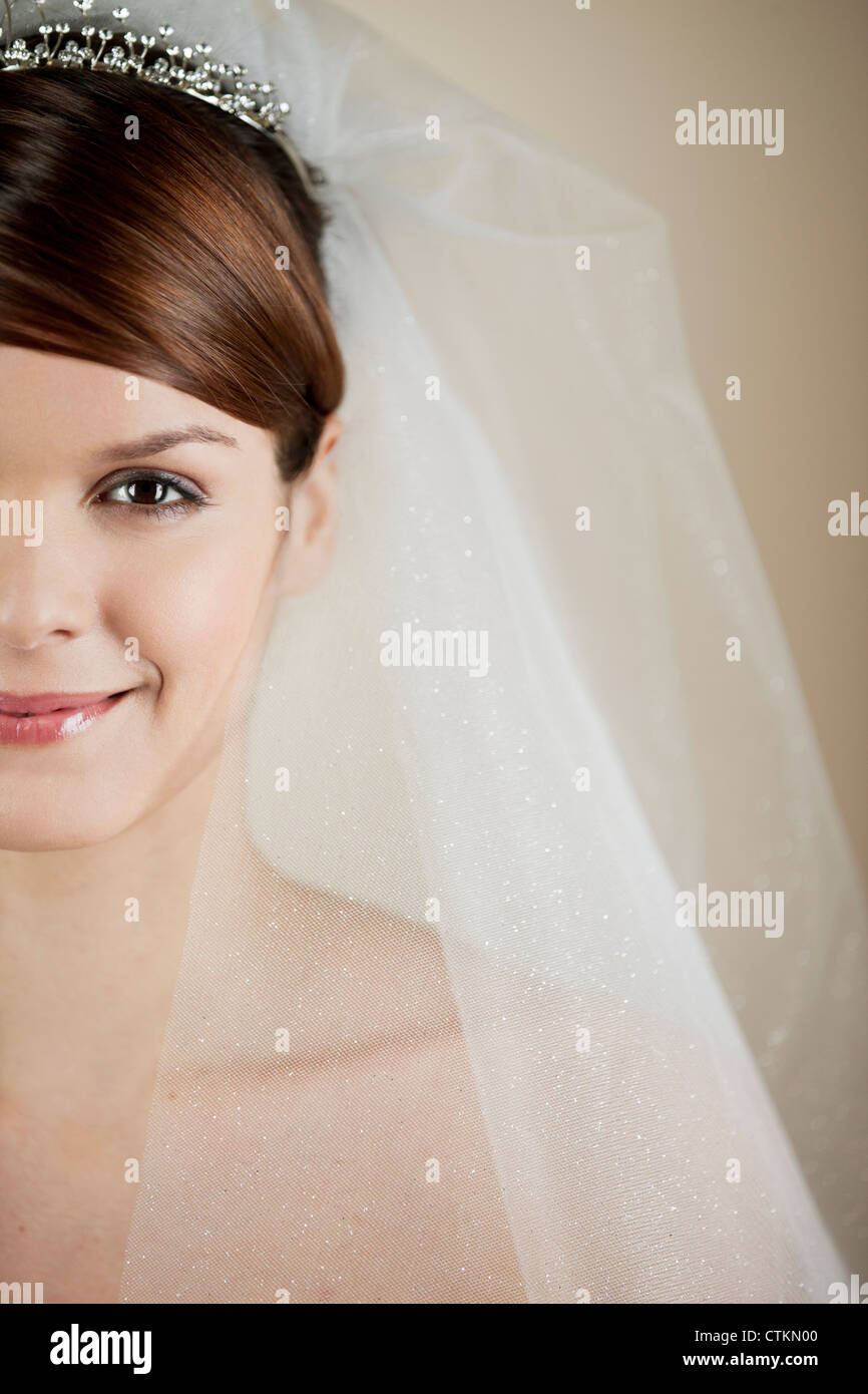 A young bride wearing a tiara and veil, left side of face Stock Photo ...