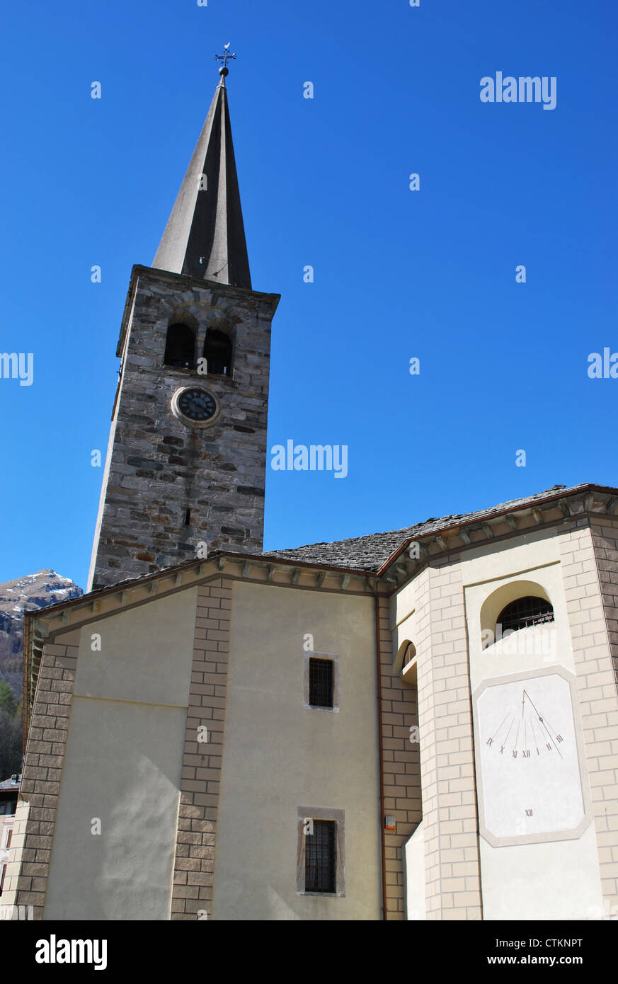 Small church and tower bell in Alagna village on Alps mountains ...