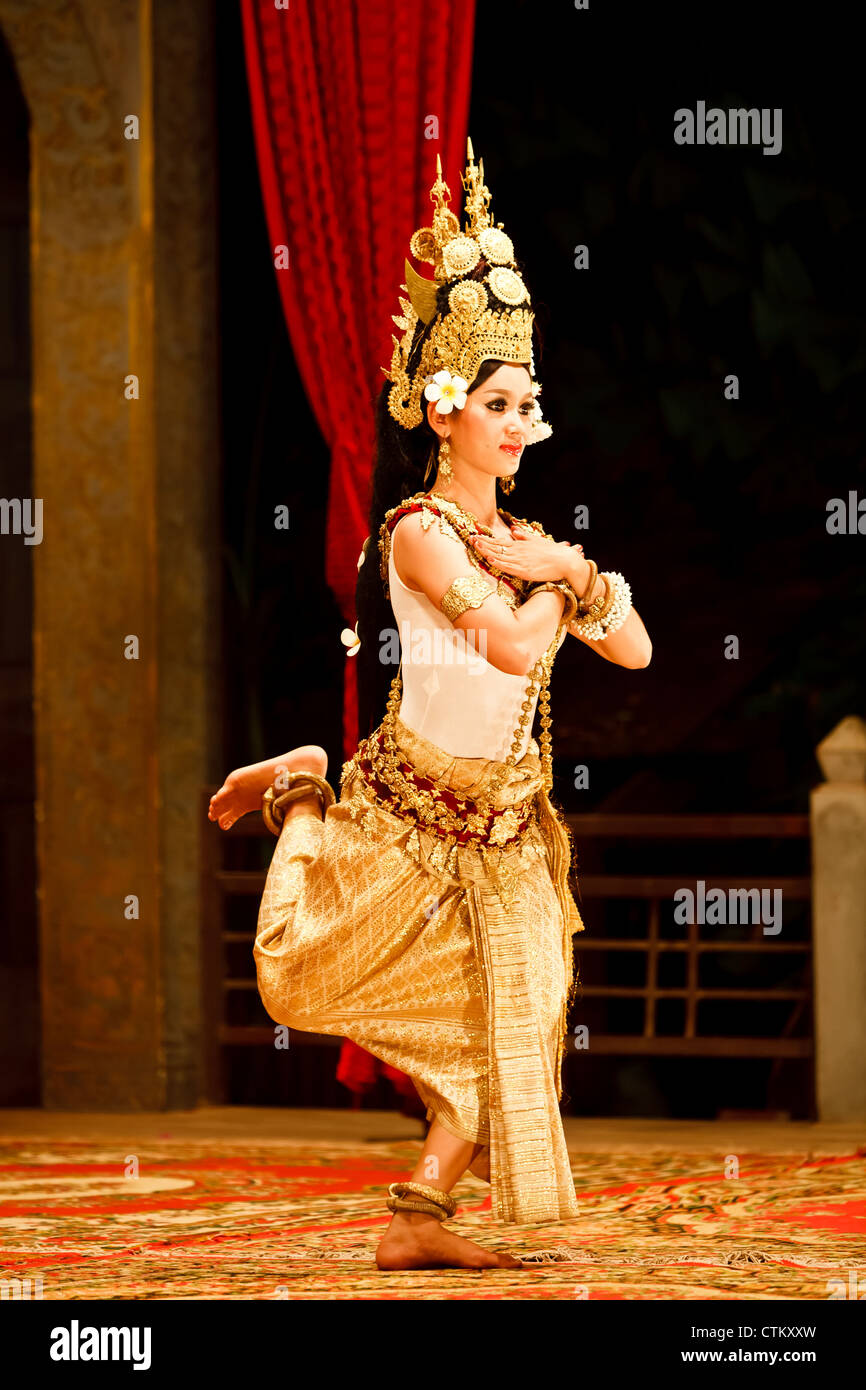 Khmer classical dancer performing in full traditional costume in Angkor ...