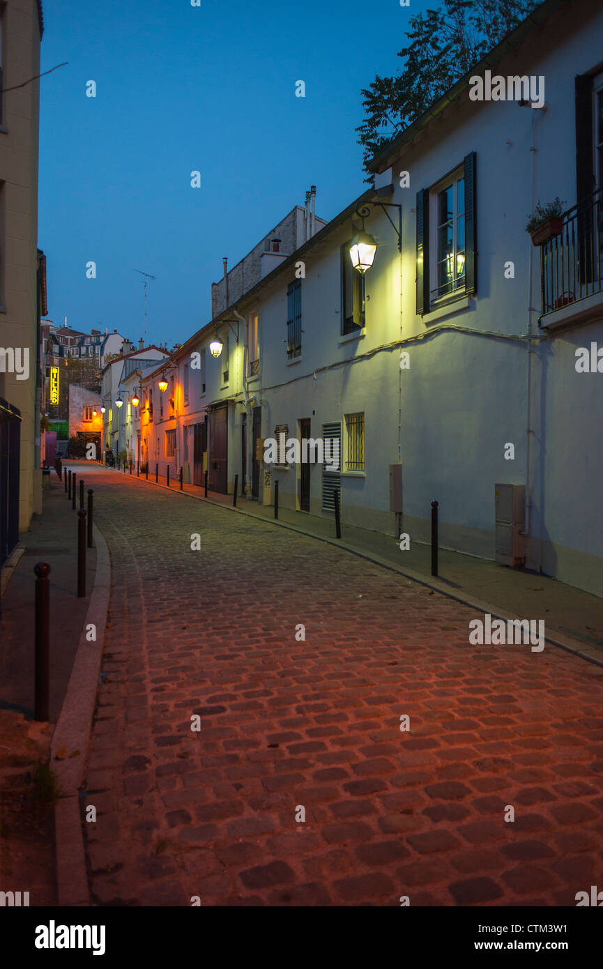 Paris, France, Small, Cobbled Stone Road at night, Empty Street Scene ...