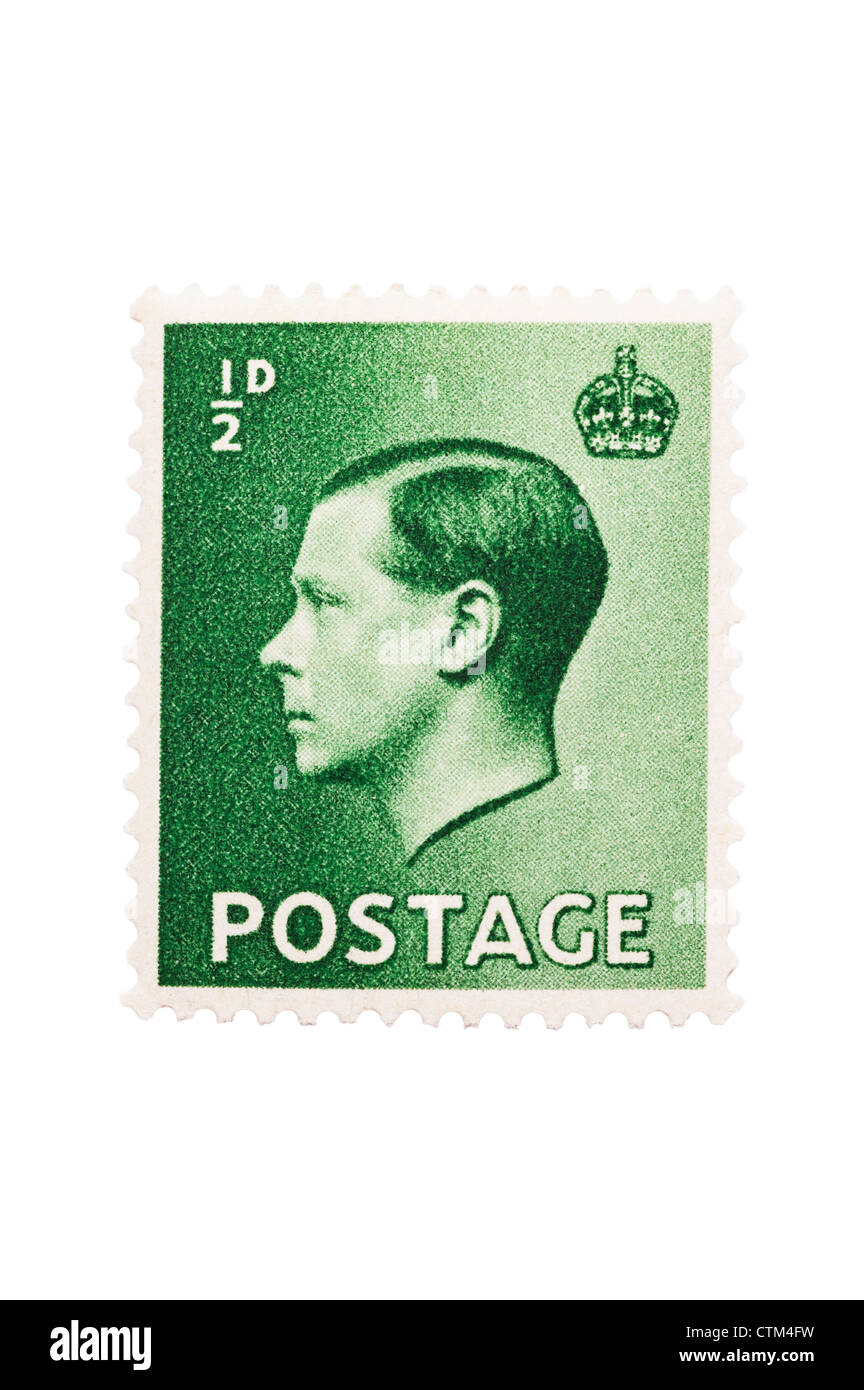 A King Edward VIII halfpenny green 1/2d postage stamp on a white ...