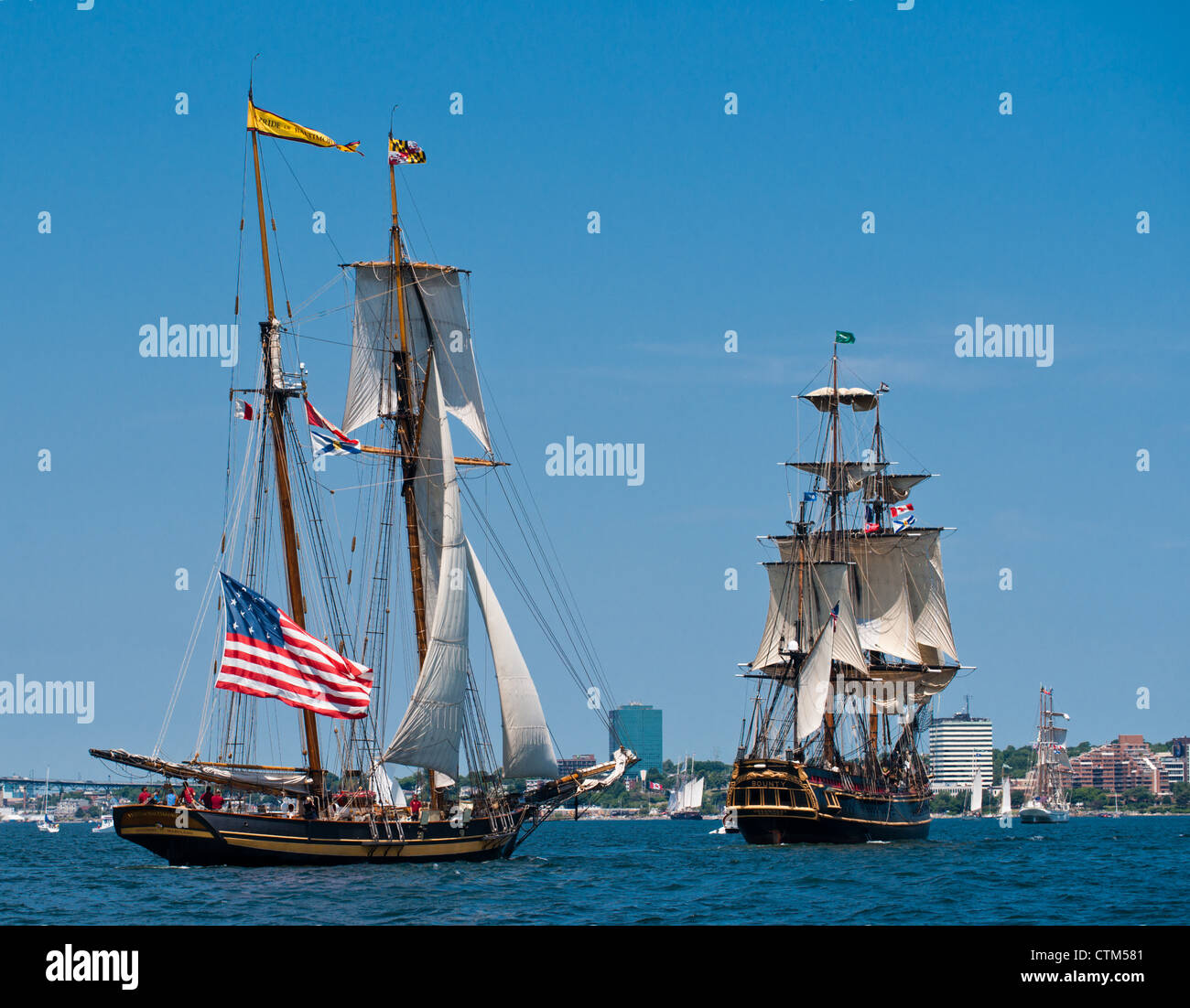 A replica of HMS Bounty leads Pride of Baltimore II during the 2012 ...