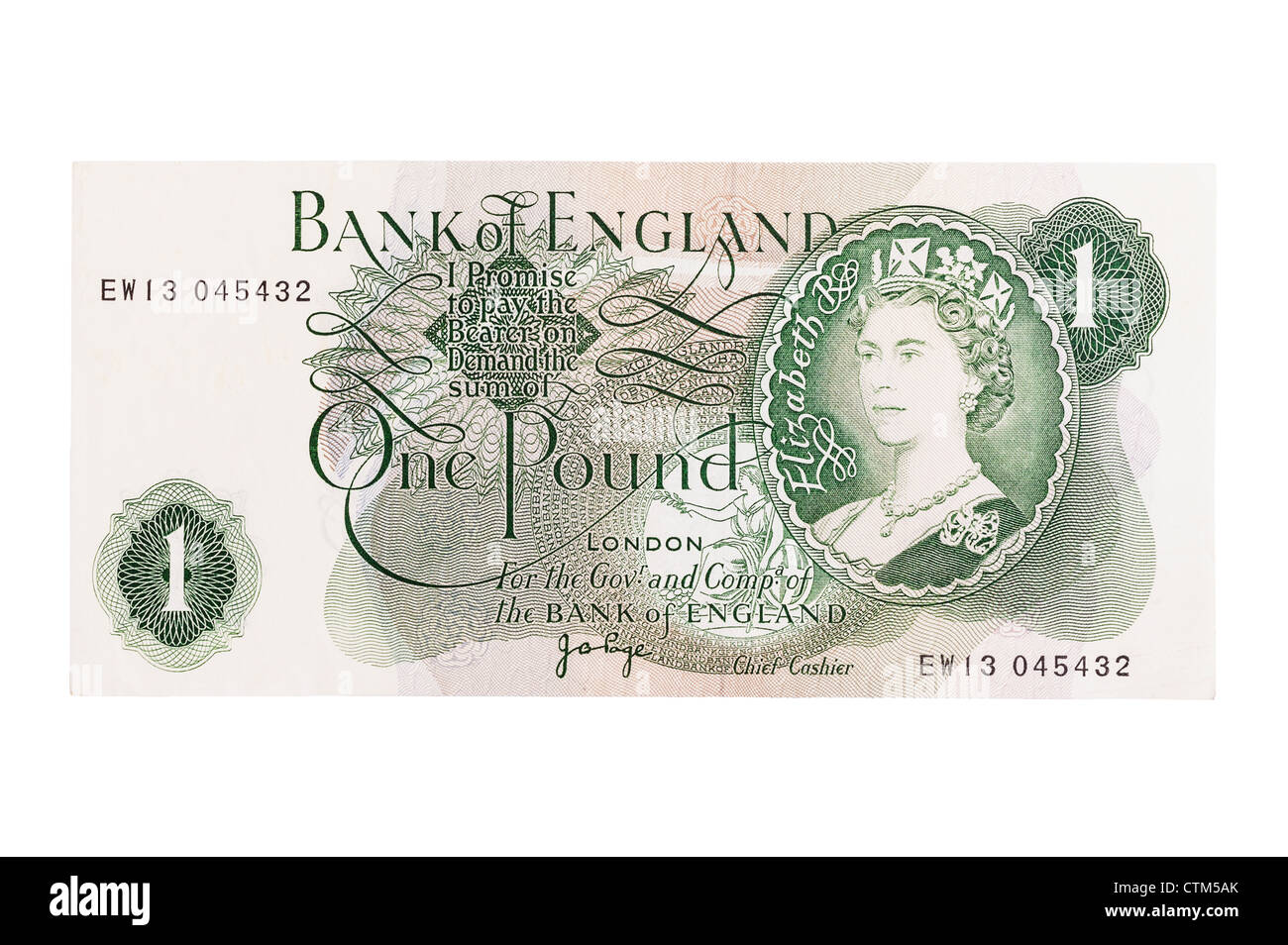 A one pound £1 bank note of English currency on a white background ...