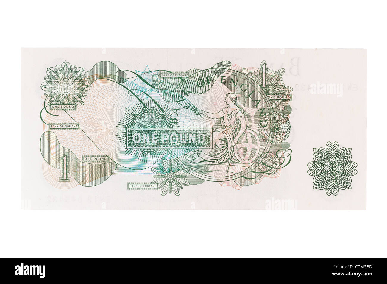 A one pound £1 bank note of English currency on a white background ...