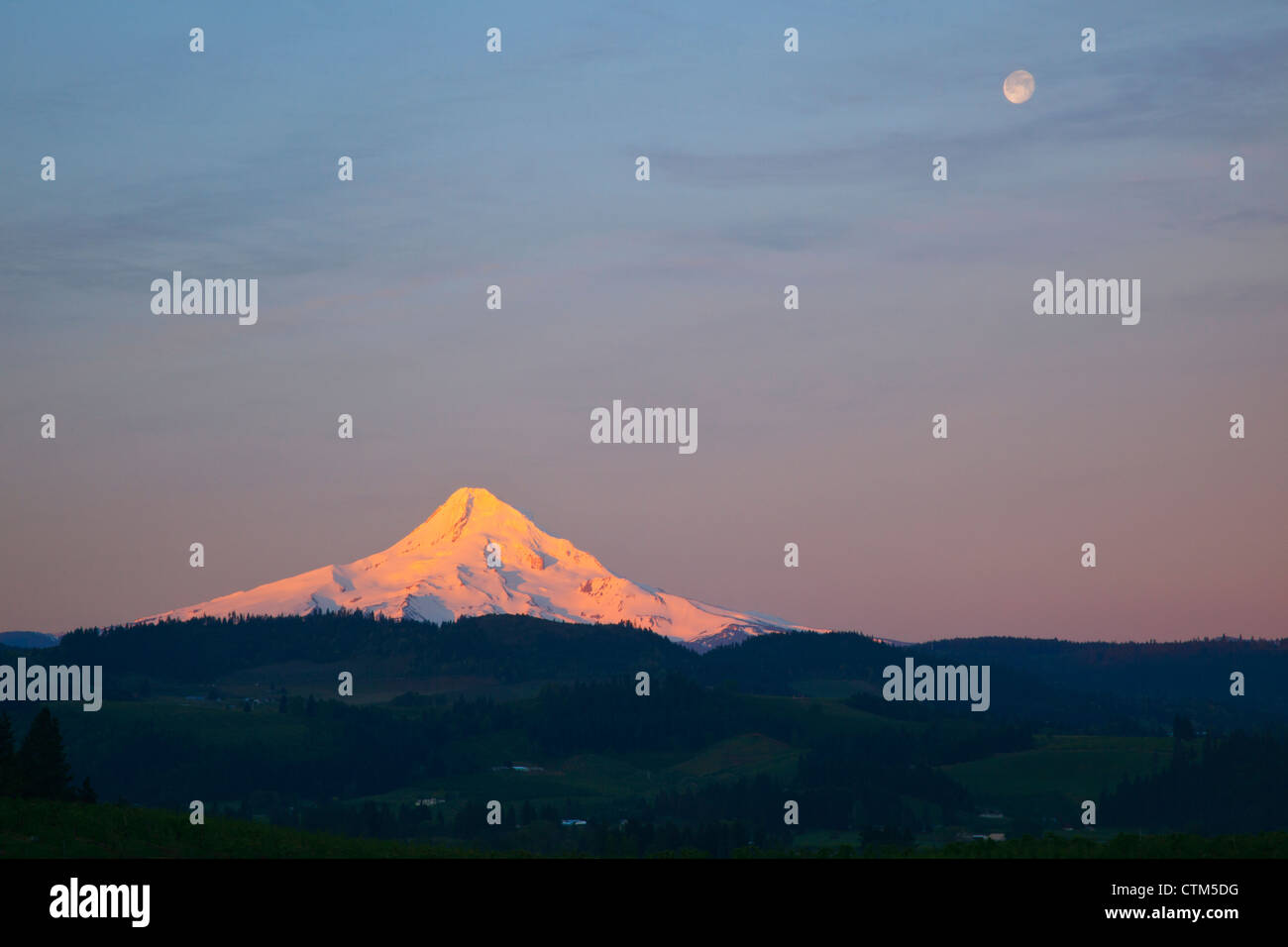 Sunrise Over Mount Hood With The Moon In The Sky; Oregon, United States ...