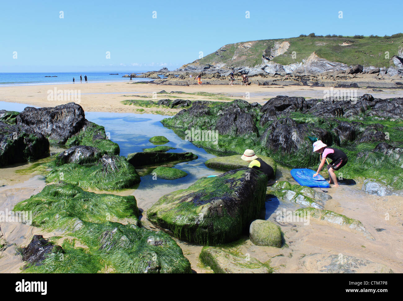 Children play in rock pools on Cornish Beach Stock Photo - Alamy