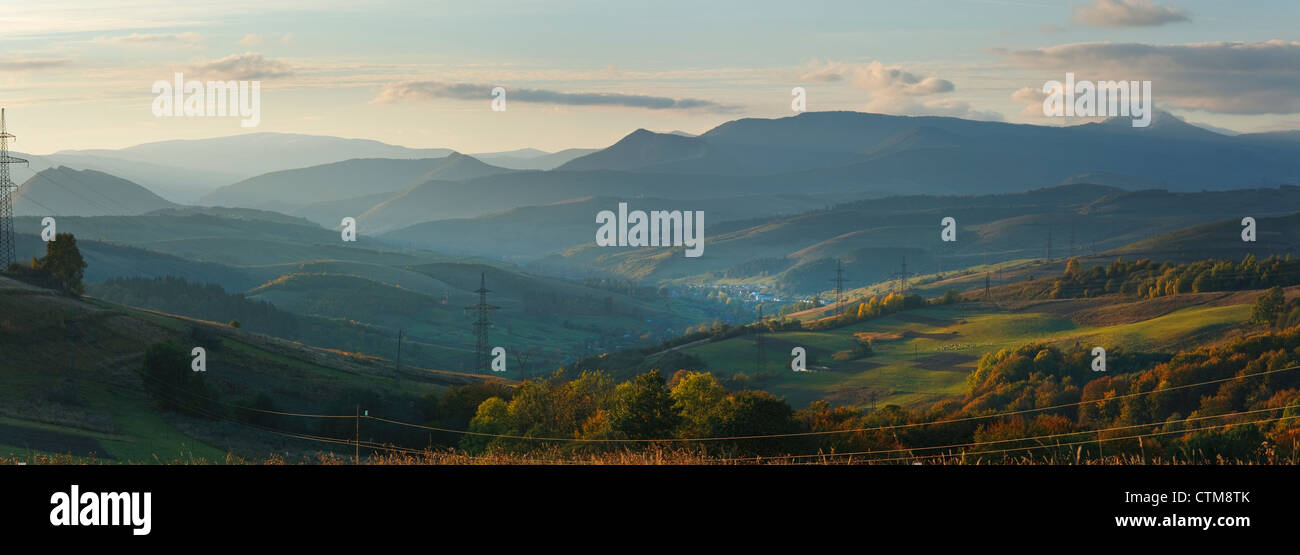 October evening Carpathian mountain country panorama. Two shots ...