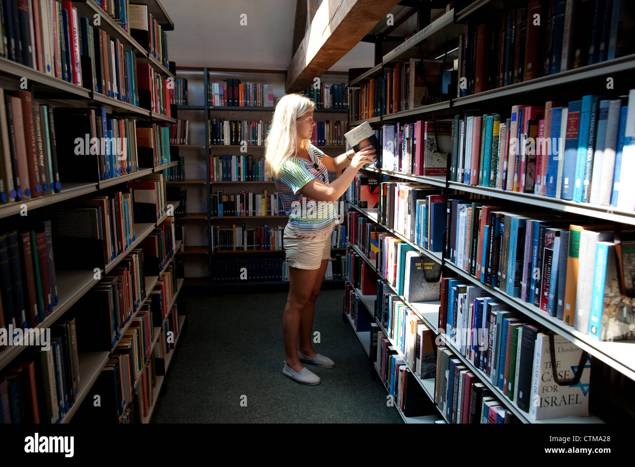 University degree student in library at University of Buckingham ...