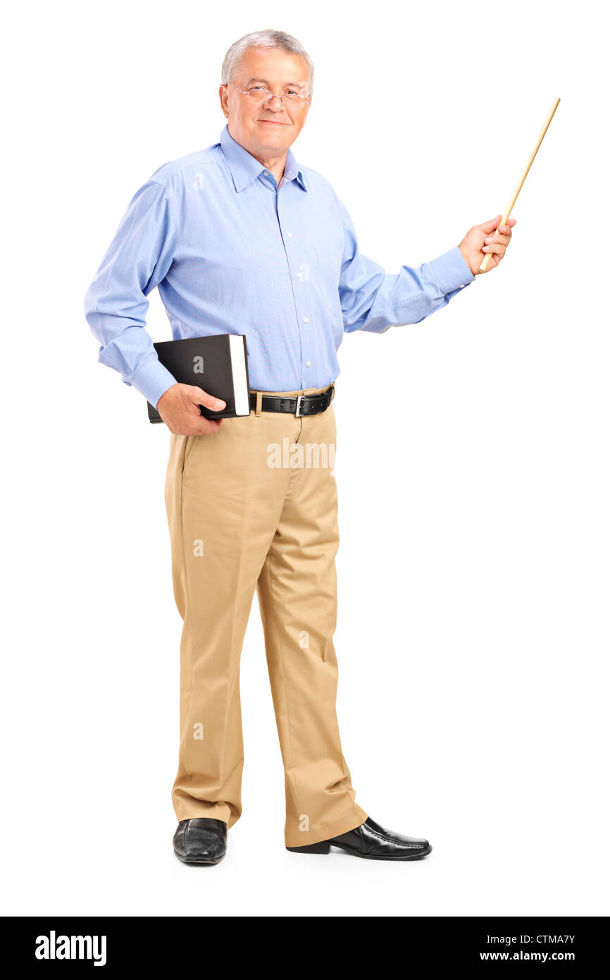 Full length portrait of a male teacher holding a wand and book isolated ...