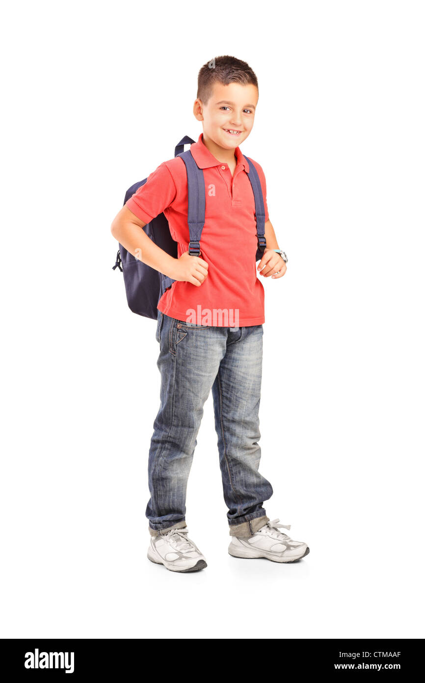 Full length portrait of a school boy with backpack isolated against ...