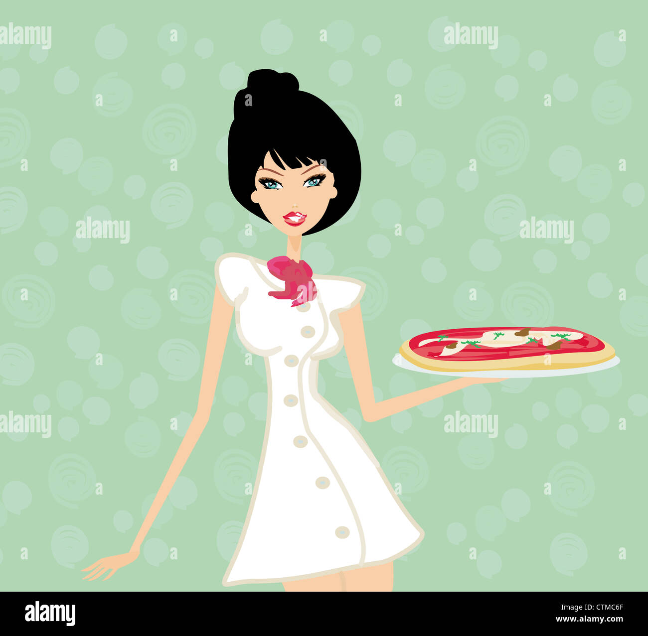 beautiful woman waitress enjoys pizza Stock Photo - Alamy