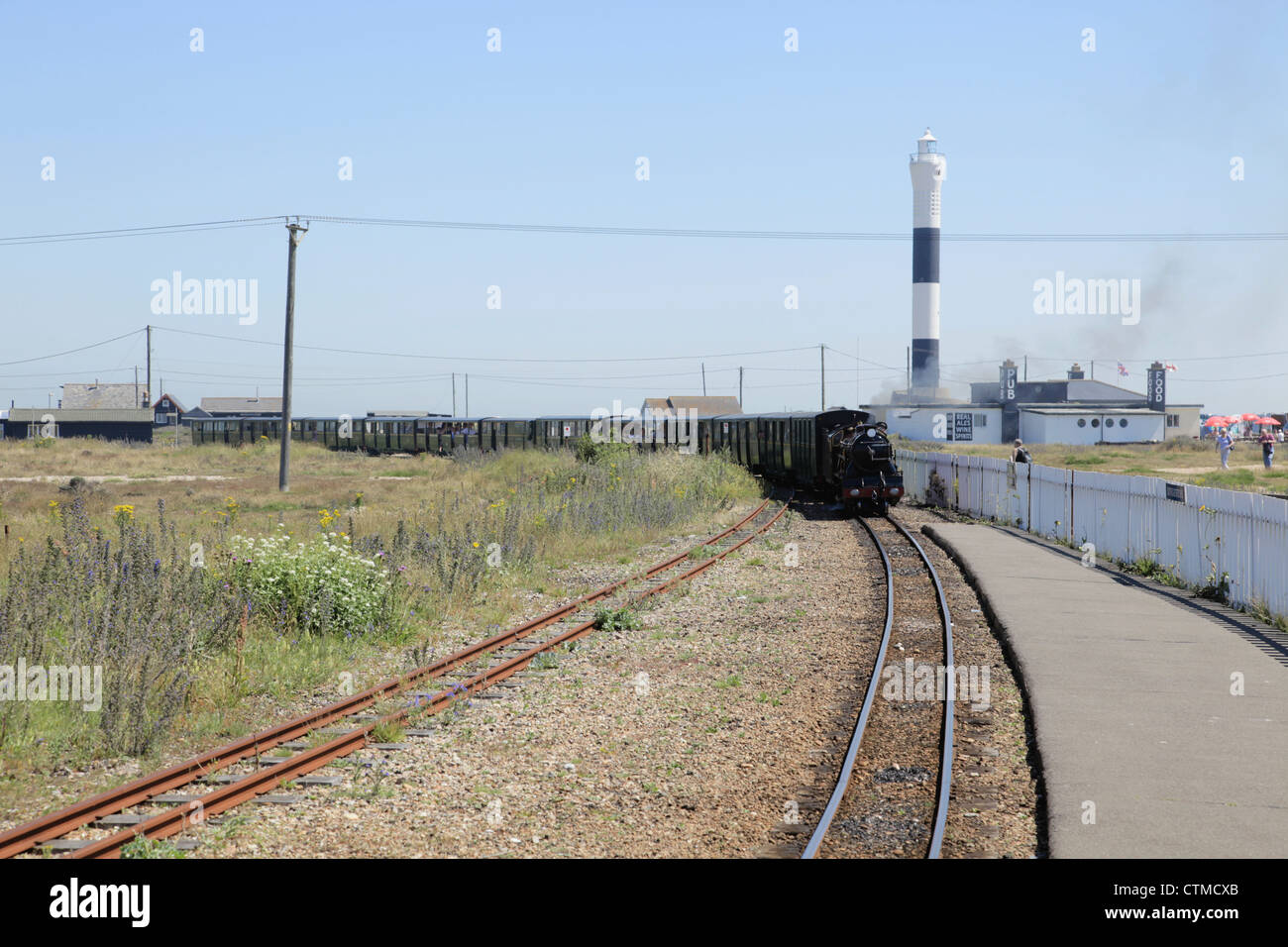 Train of Romney Hythe and Dymchurch Railway arriving at Dungeness ...