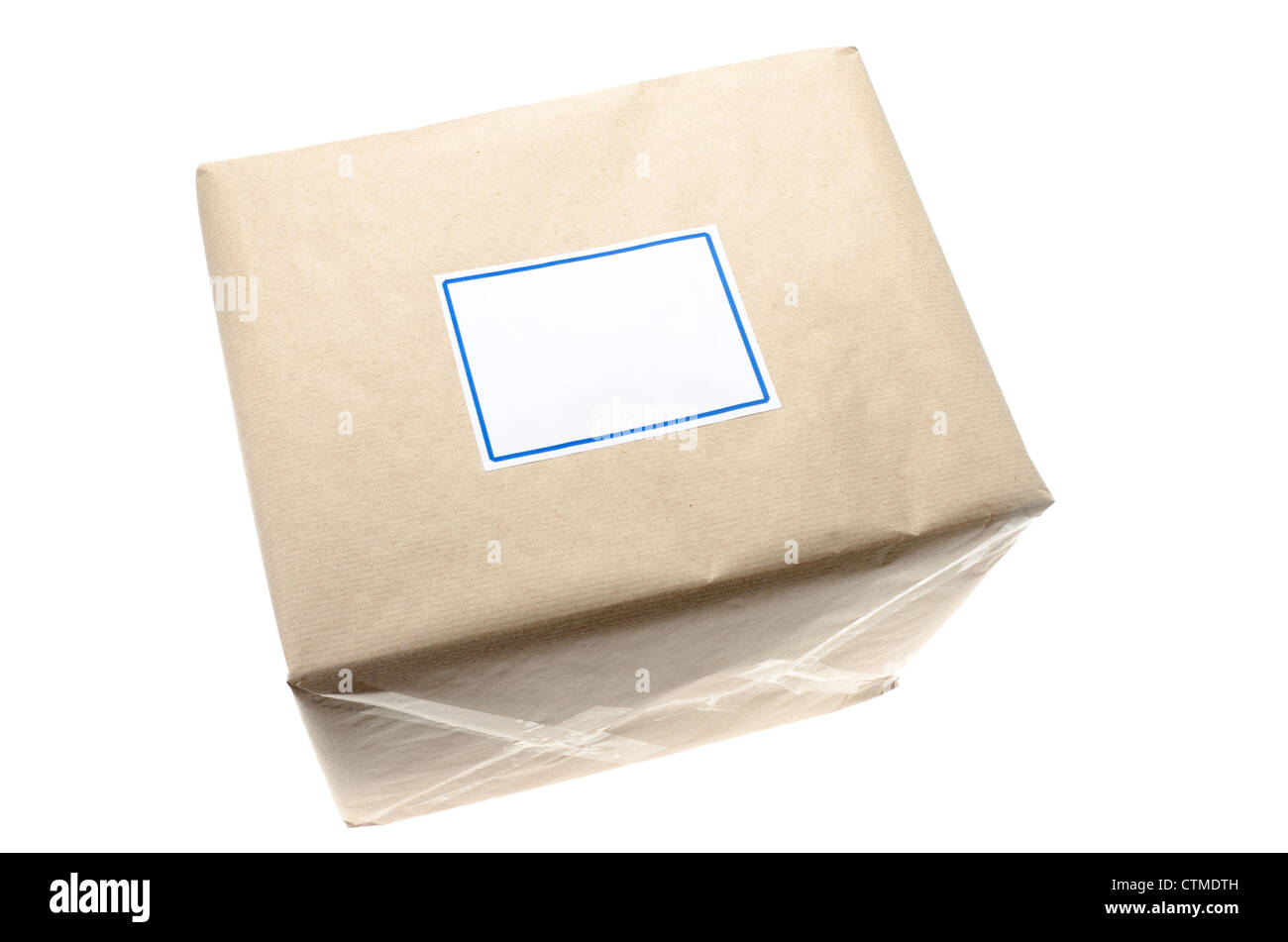 Wrapped box ready for shipping with a blank label - studio shot with a ...
