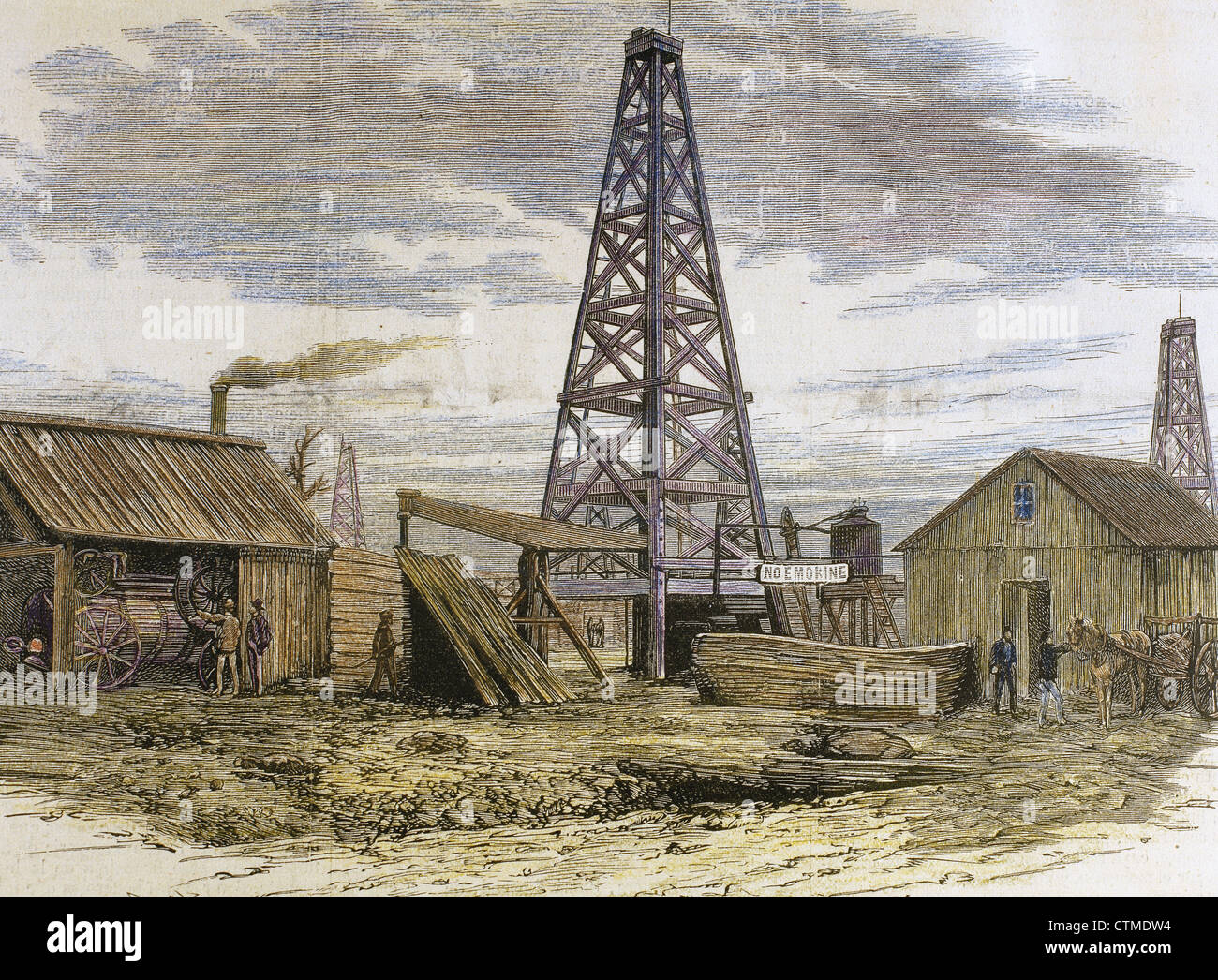 USA. 19th century. Oil well in the Oil-Creek Valley. Colored engraving ...