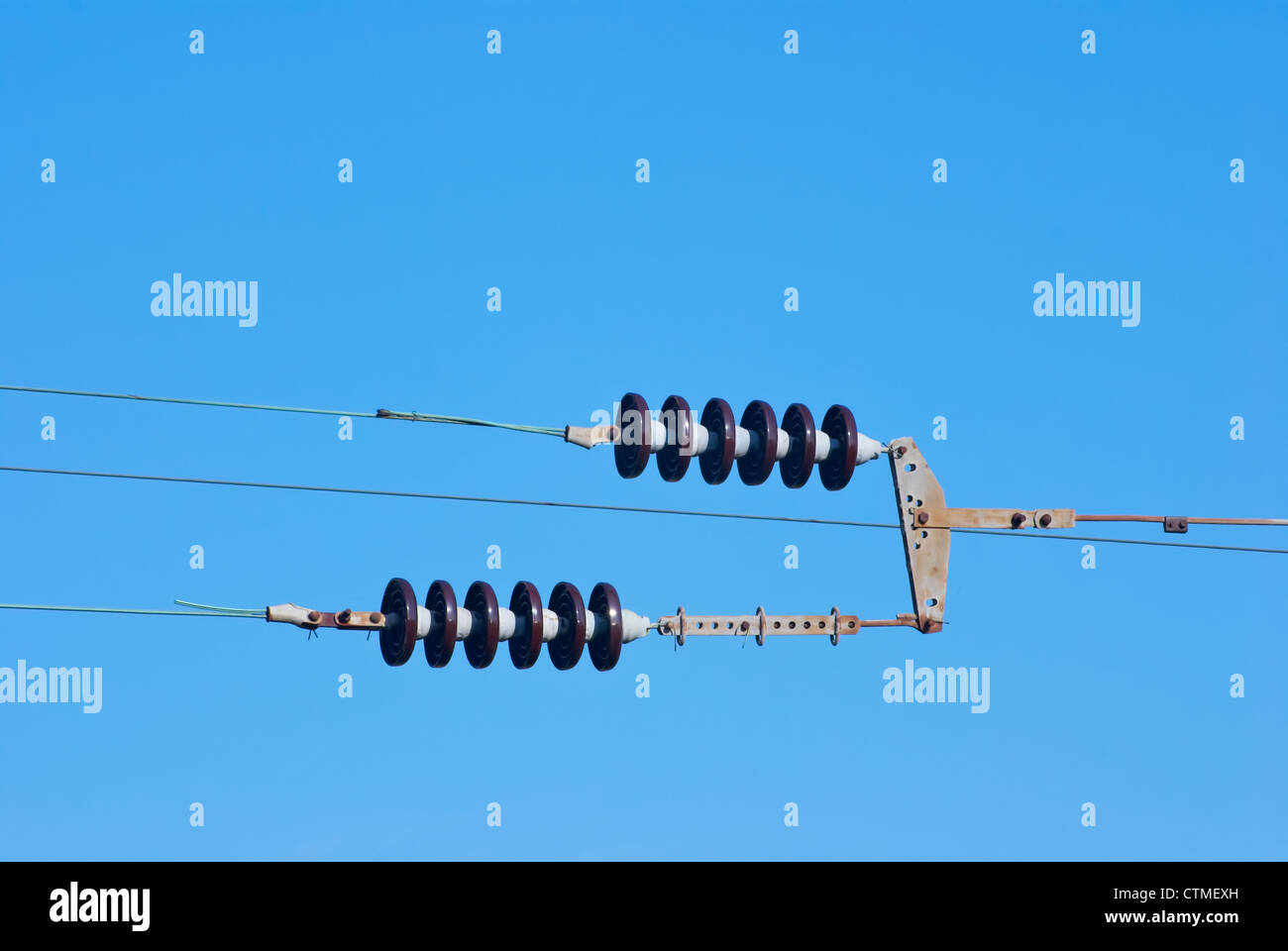 Railroad wire pole against clear blue sky Stock Photo - Alamy
