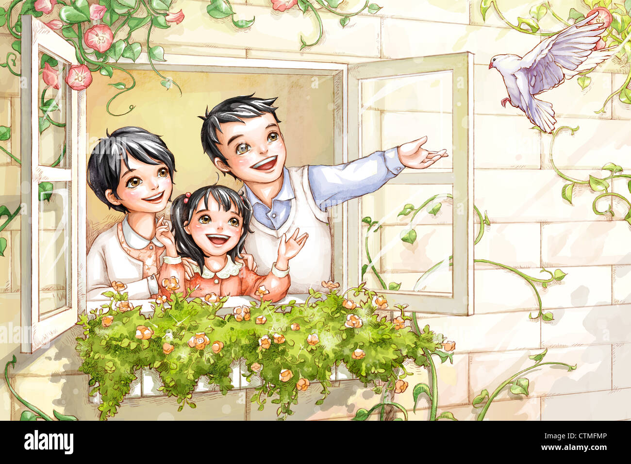 Happy family looking out from window Stock Photo - Alamy