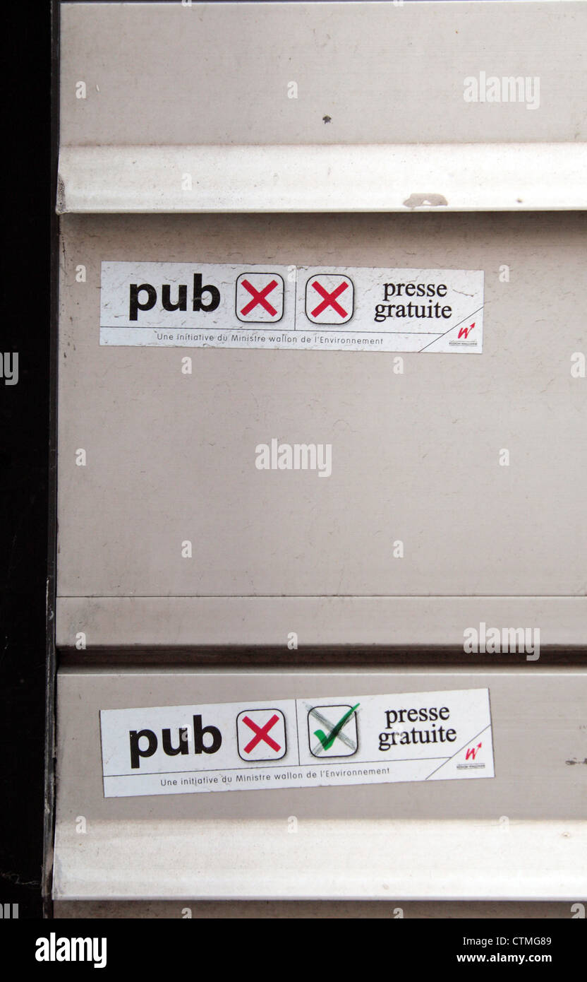 Junk mail labels on residential post boxes in Charleroi, Wallonia ...