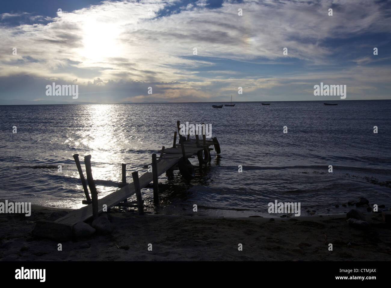 Boat jetty on Lake Titicaca at dusk, Copacabana, Bolivia, South America ...
