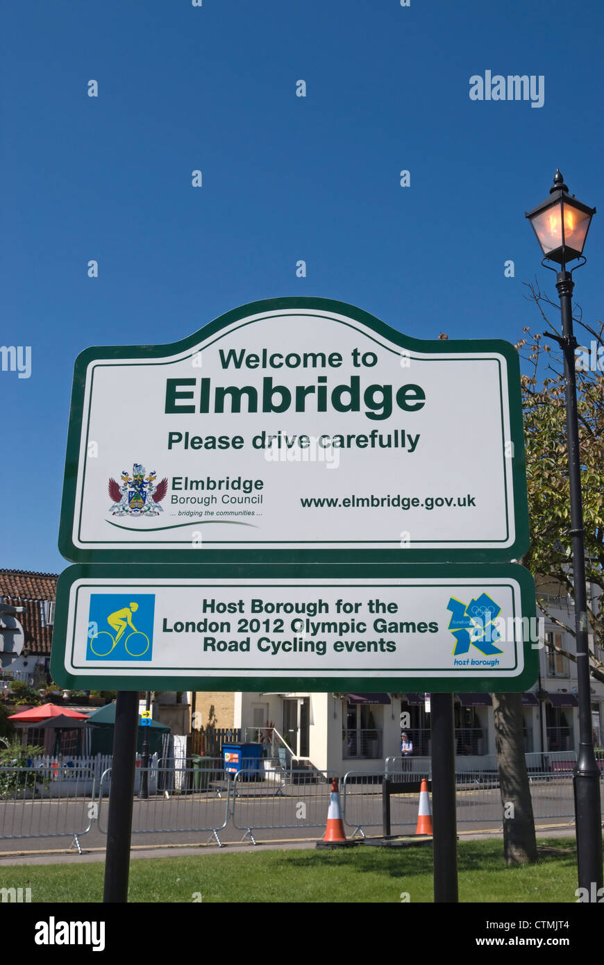 welcome to elmbridge sign, east molesey, surrey, england, with 2012 ...