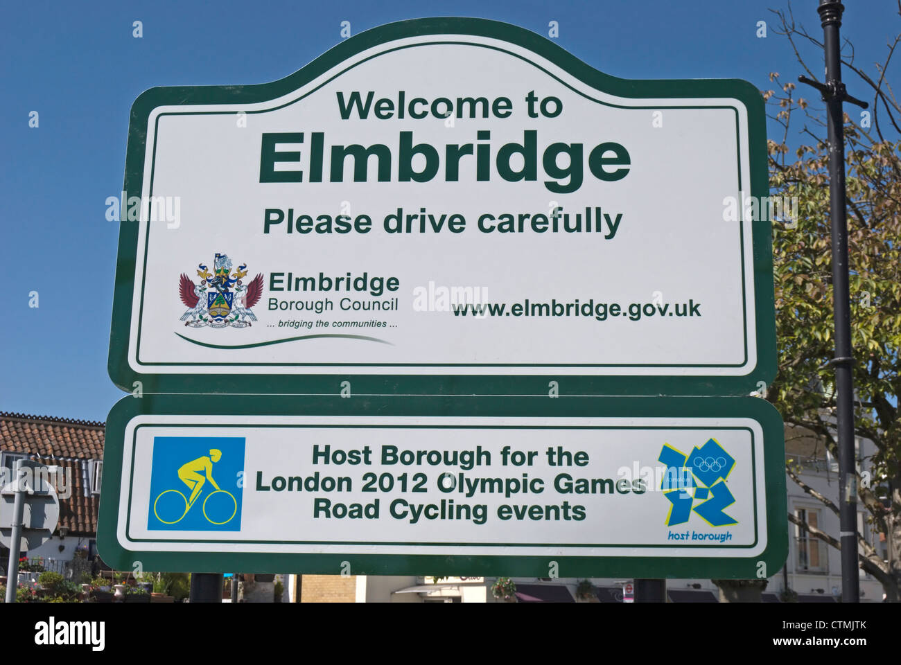 welcome to elmbridge sign, east molesey, surrey, england, with 2012 ...