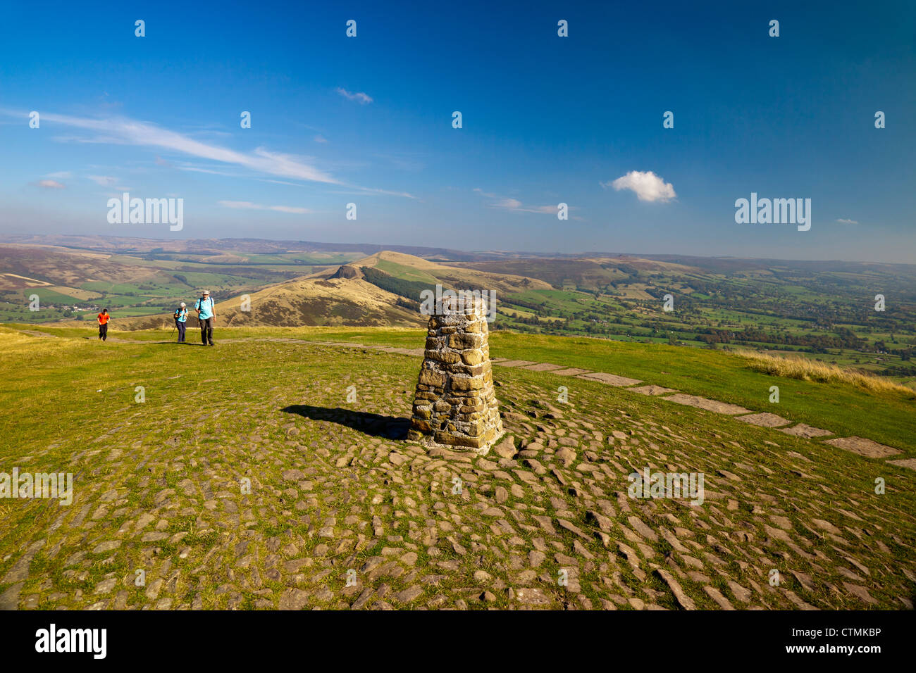 Walkers approaching the summit of Mam Tor in the Peak District National ...