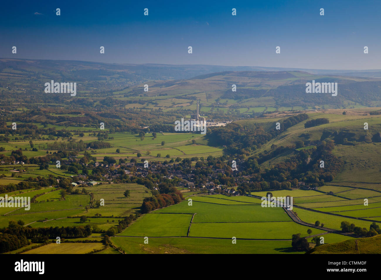 The village of Castleton and Earles Cement works from Mam Tor summit in ...