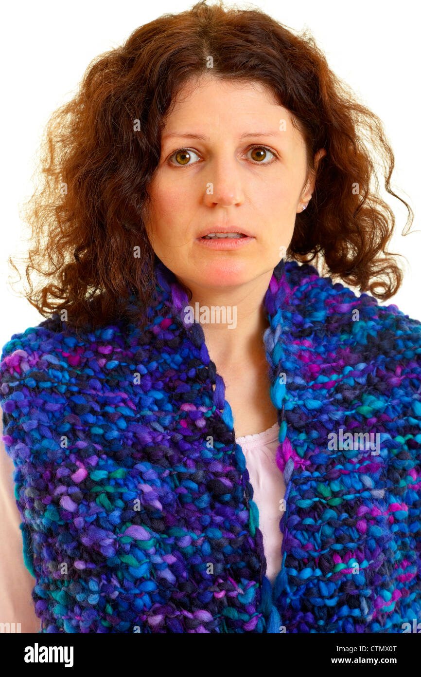 Young brown-haired woman with wool scarf isolated on white background ...