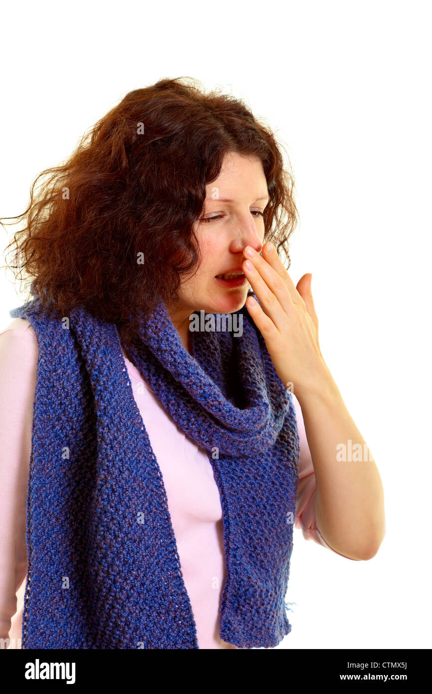 Young woman with brown hair has a flu, isolated on white background ...