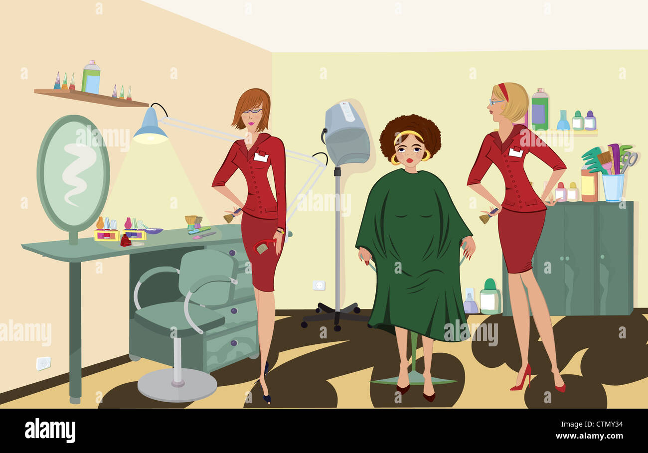 Beauty salon client two salon workers in red uniforms Stock Photo - Alamy