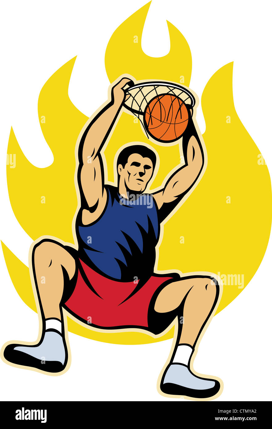 Illustration of a basketball player dunking ball with fire fireball on ...