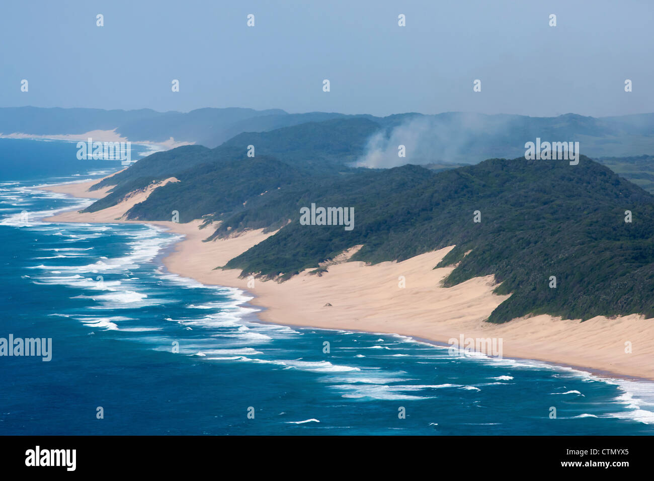 Aerial image of sea and sand dunes and coastal forest of Sodwana Bay ...