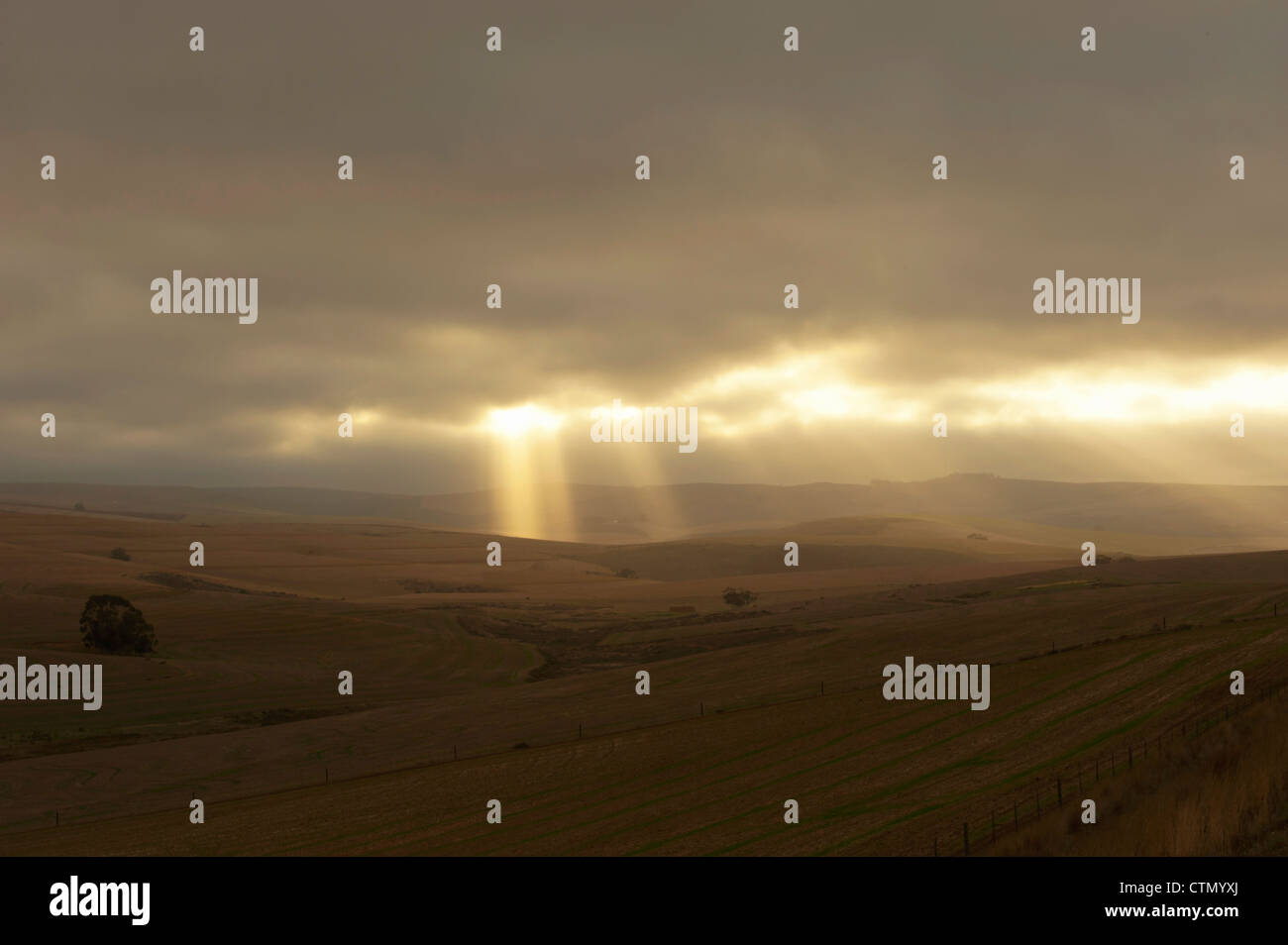 Sun rays shine through the clouds onto a dark,early morning landscape ...