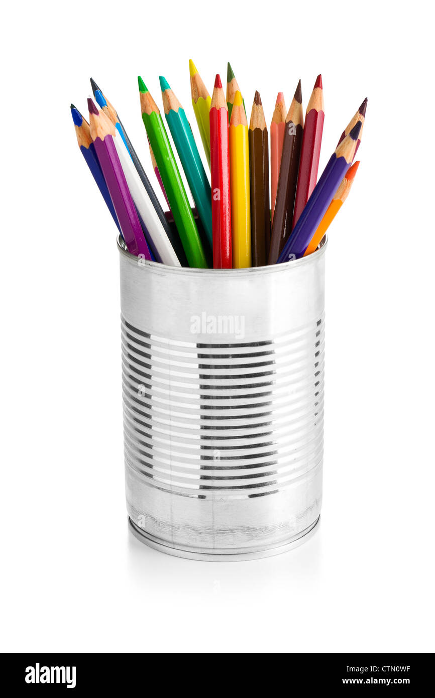 Colour pencils in can on white background Stock Photo - Alamy