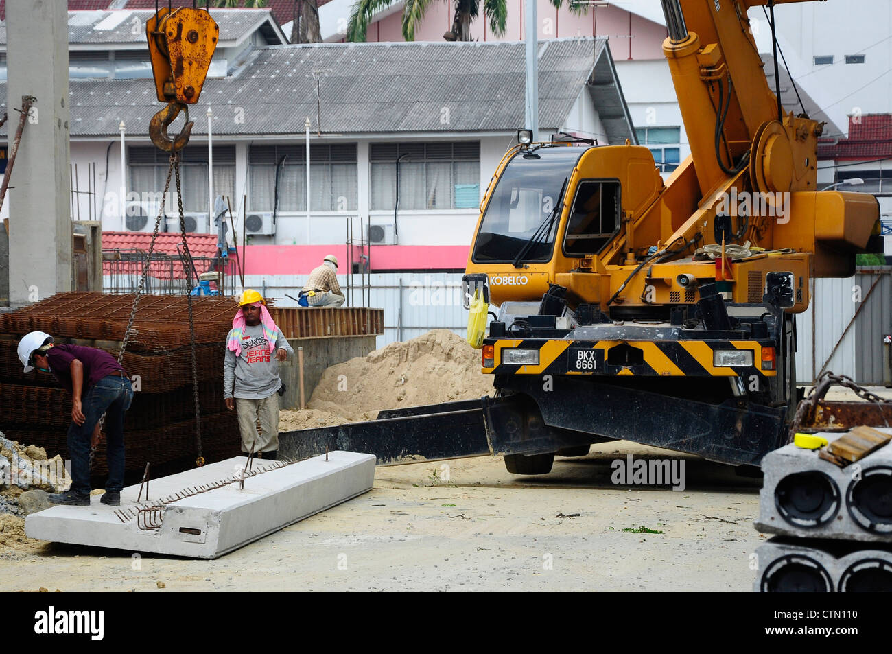 Installation of prefabricated floor slab panel. Used at construction ...