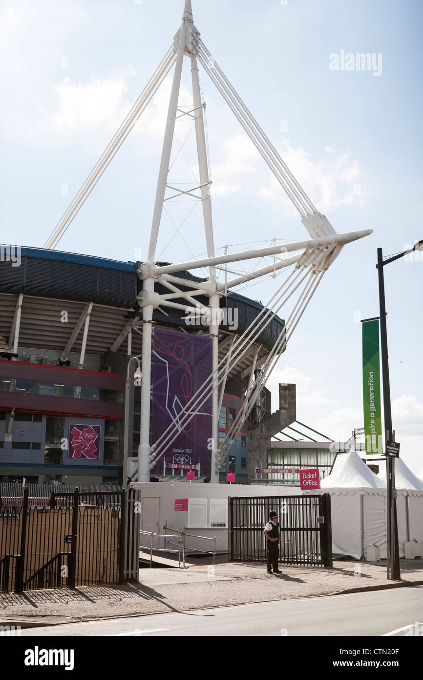 A police office outside the Wales Millennium stadium ahead of the ...