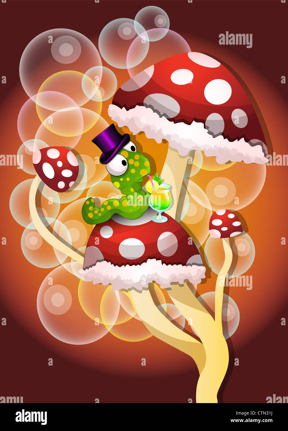 Mushrooms, Spotted, Red, Green Worm, Bubbles, Cocktail Drink, vector ...