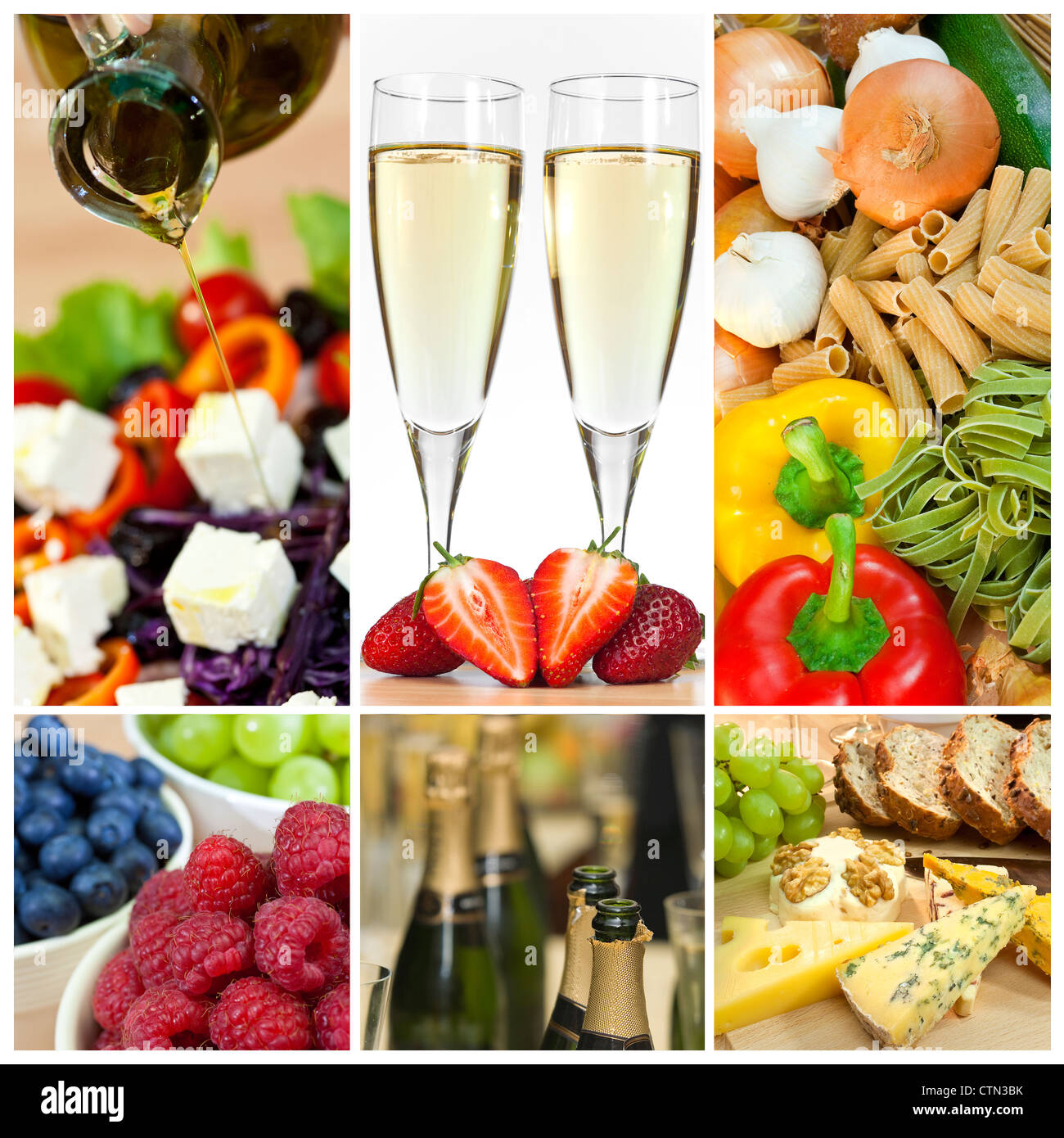 Macro photographs of a fresh food montage salad fruits pasta and cheese ...