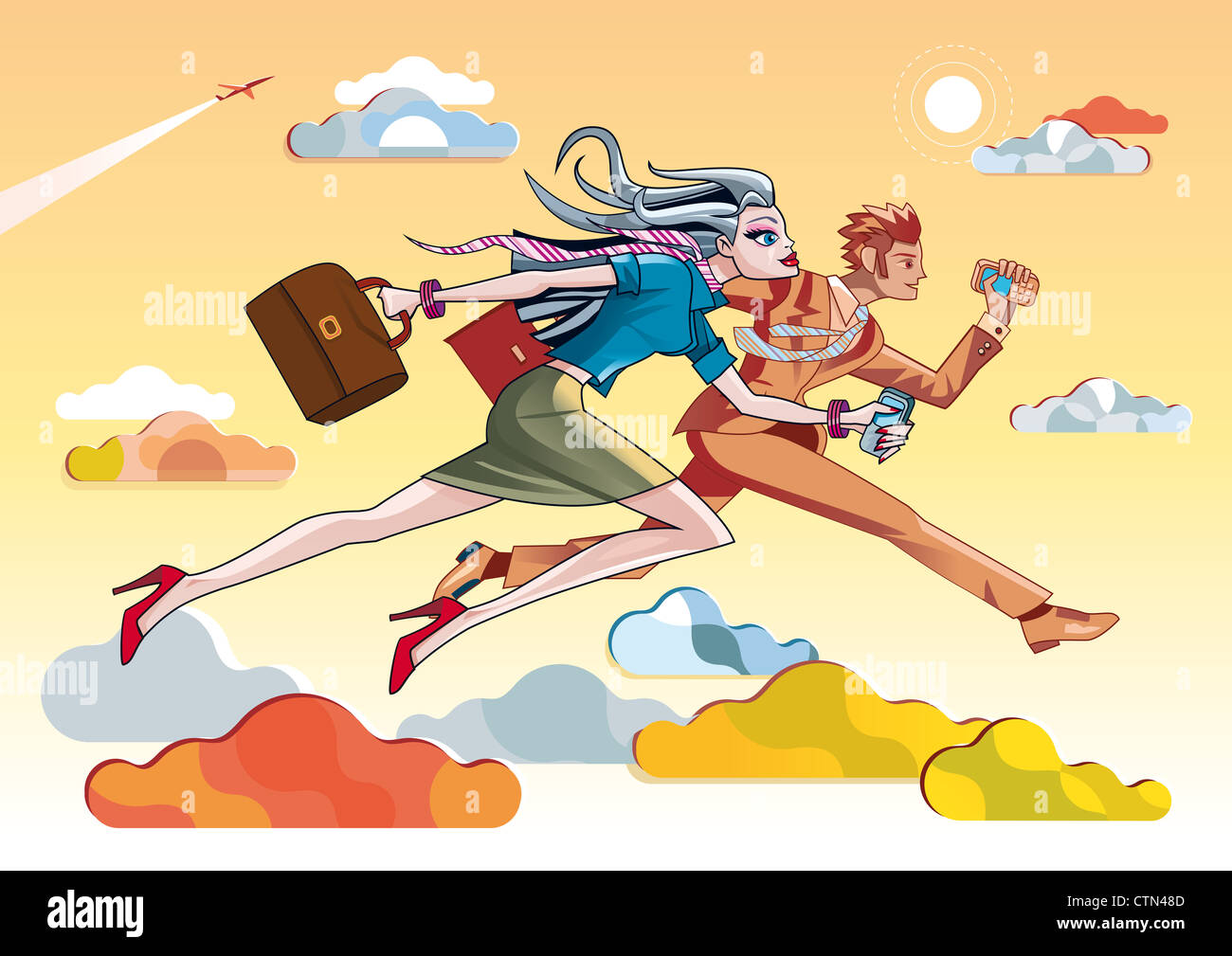 Business Woman and businessman running through psychedelic clouds Stock ...